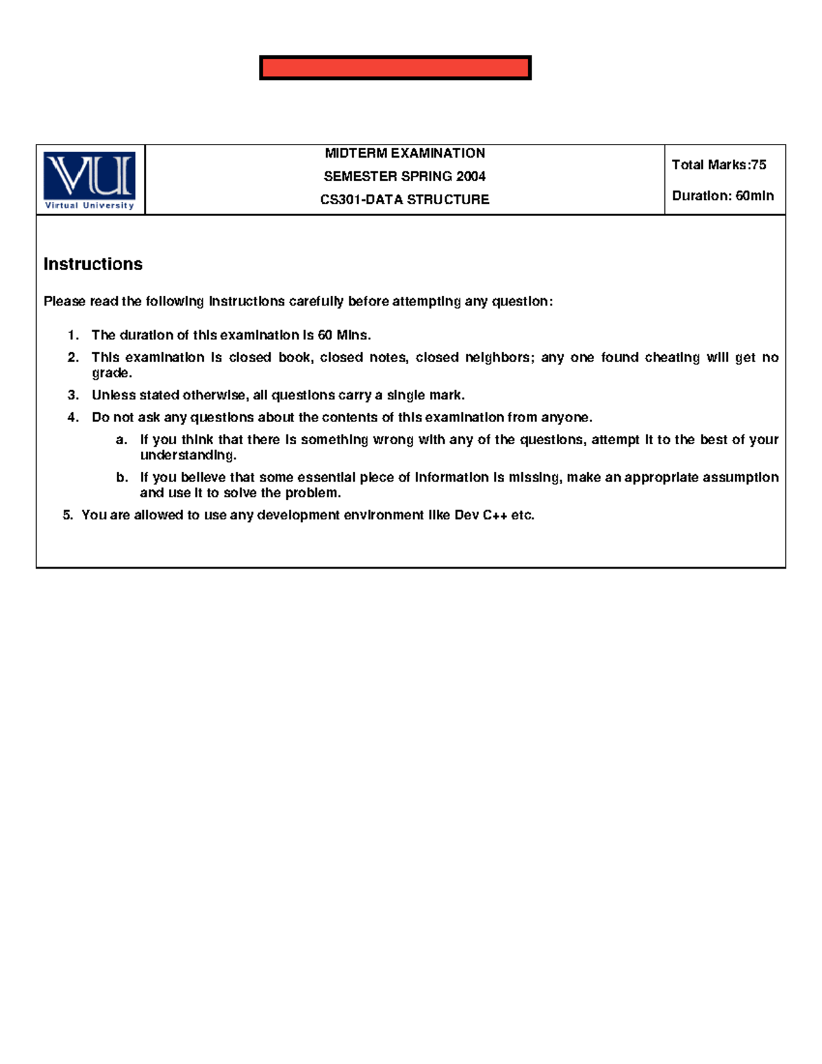 Data Structures Cs301 Spring 2004 Mid Term Paper Session 1 Edited Vupages Forum Vupages