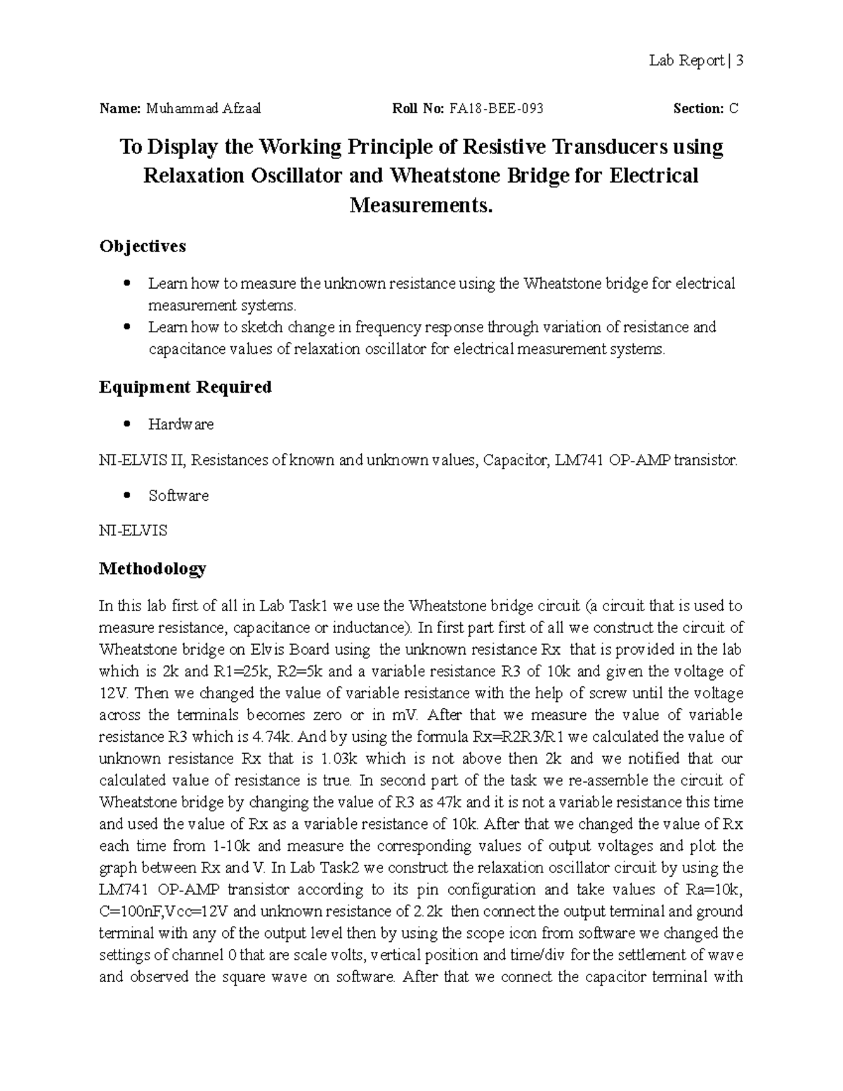 electric measurement and instrumentation lab No3 - Lab Report | 3 Name ...
