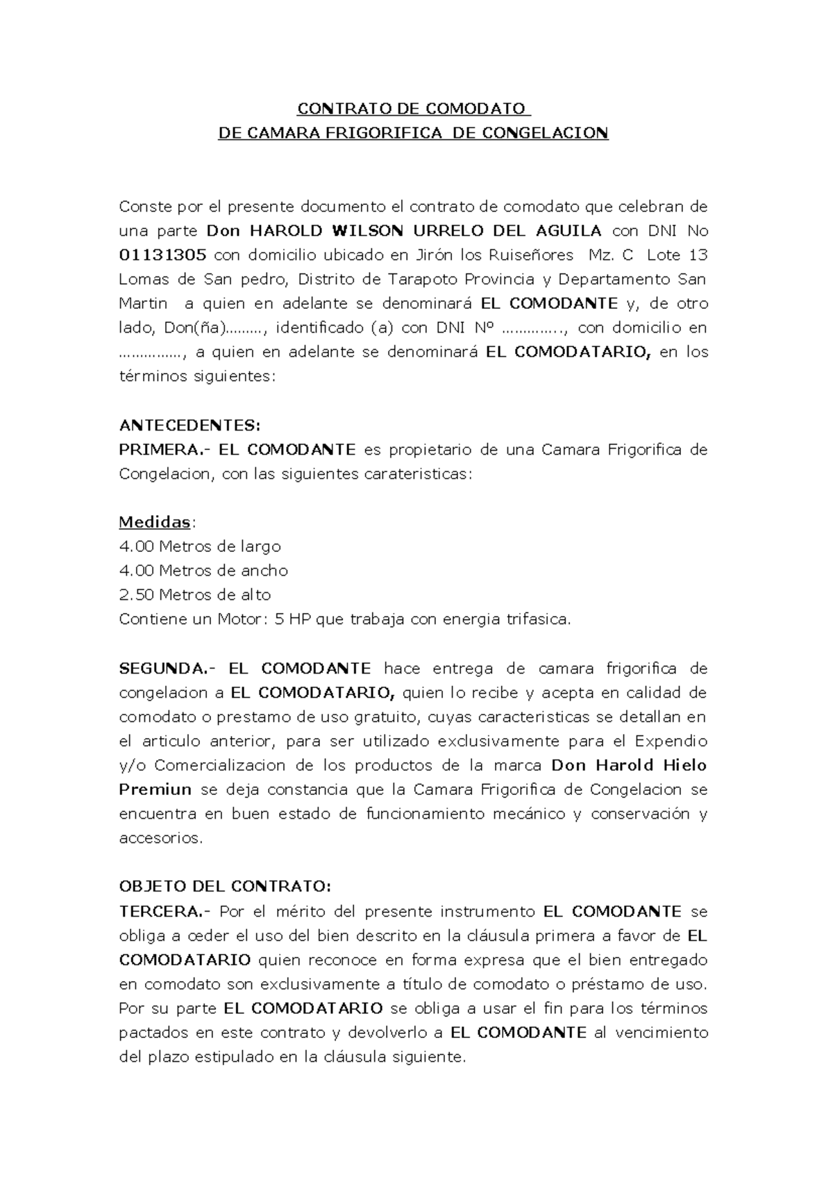 Modelo DE Contrato DE Comodato - CONTRATO DE COMODATO DE CAMARA FRIGORIFICA DE CONGELACION ...