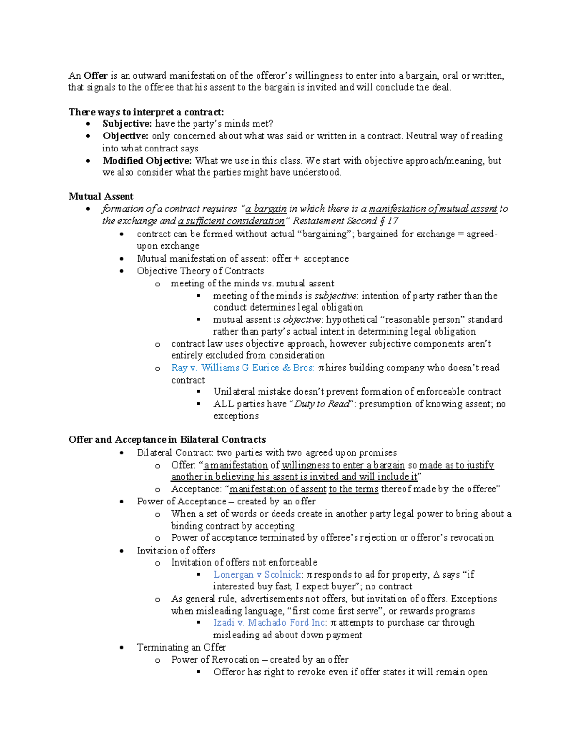 Contracts Outline - An Offer is an outward manifestation of the ...