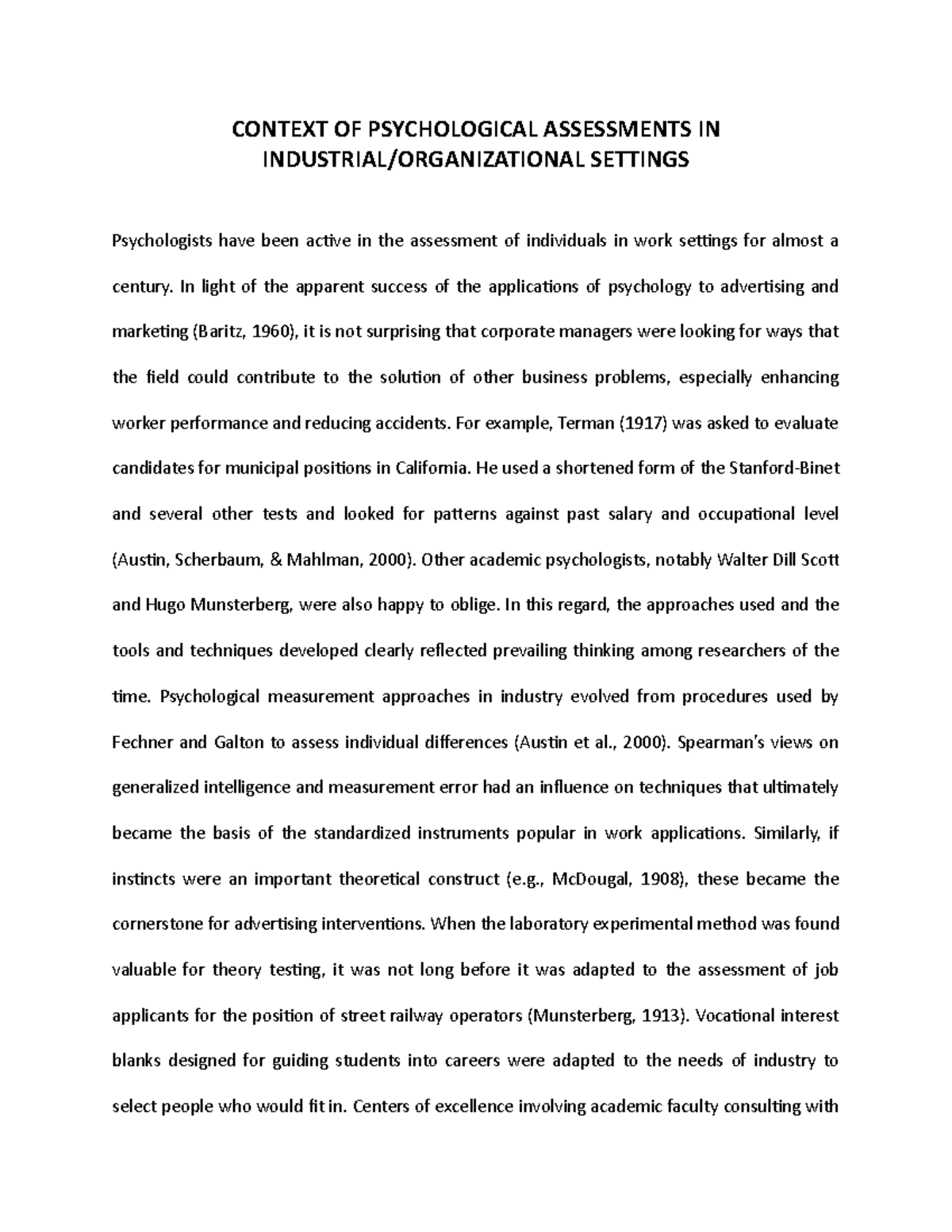 Context OF Psychological Assessments IN Industrial OR Organizational ...