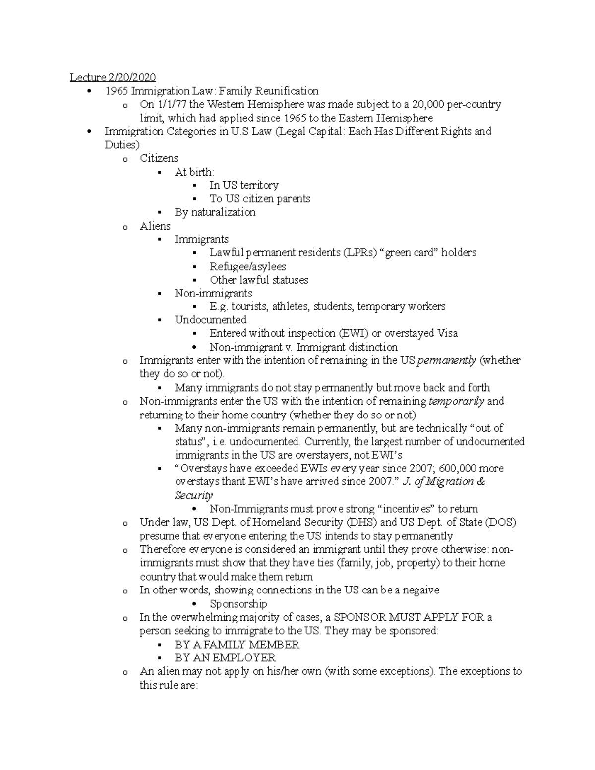 Lecture 2:20:2020-Immigration - Lecture 2/20/ 1965 Immigration Law ...