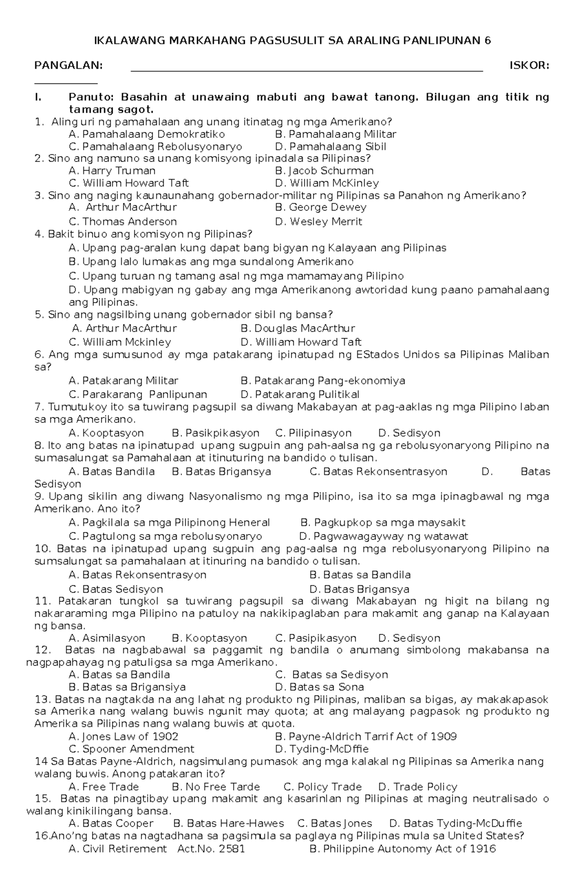 AP 6 - araling panlipunan - IKALAWANG MARKAHANG PAGSUSULIT SA ARALING PANLIPUNAN 6 PANGALAN ...