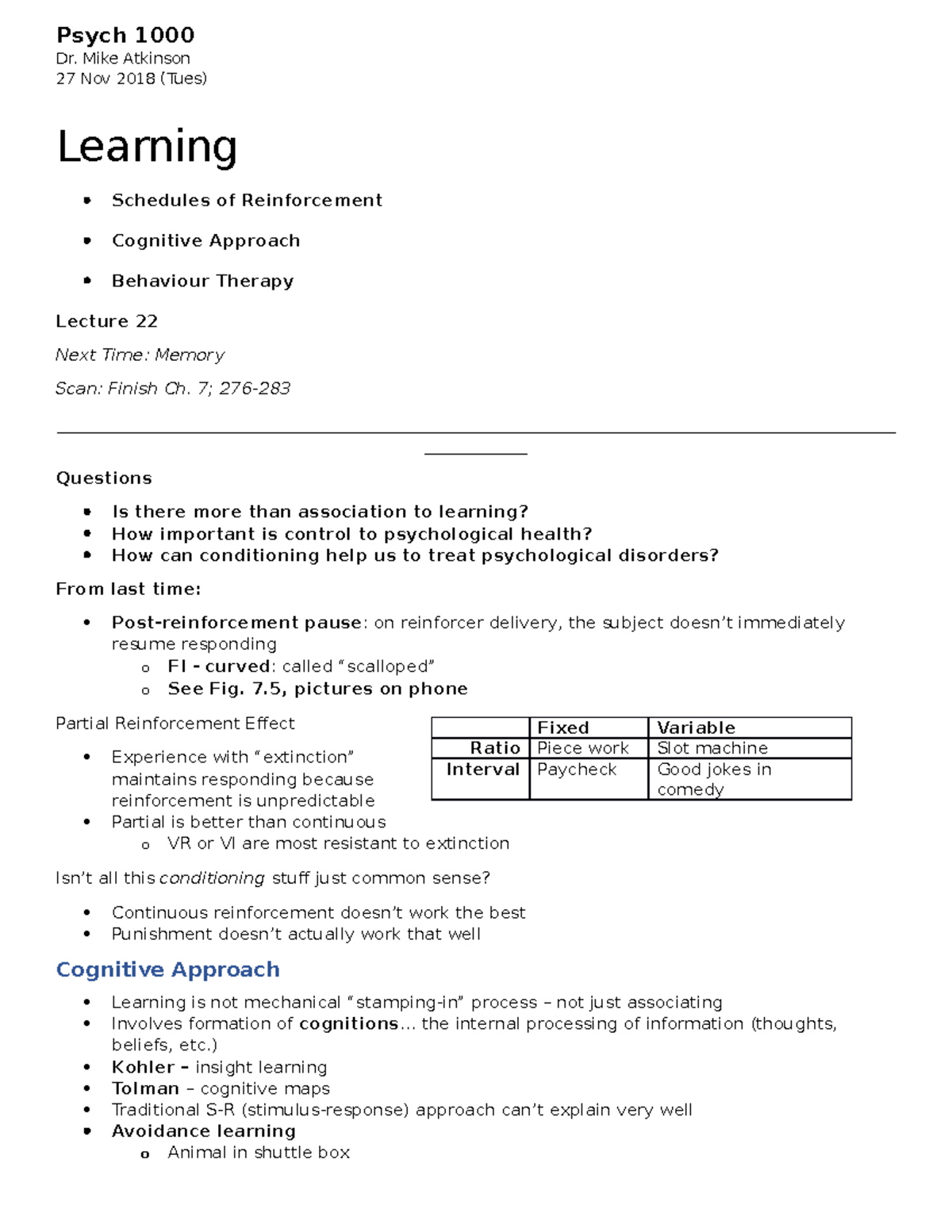 Psych - 2018-11-27 - Lecture notes 4 - Psych 1000 Dr. Mike Atkinson 27 ...