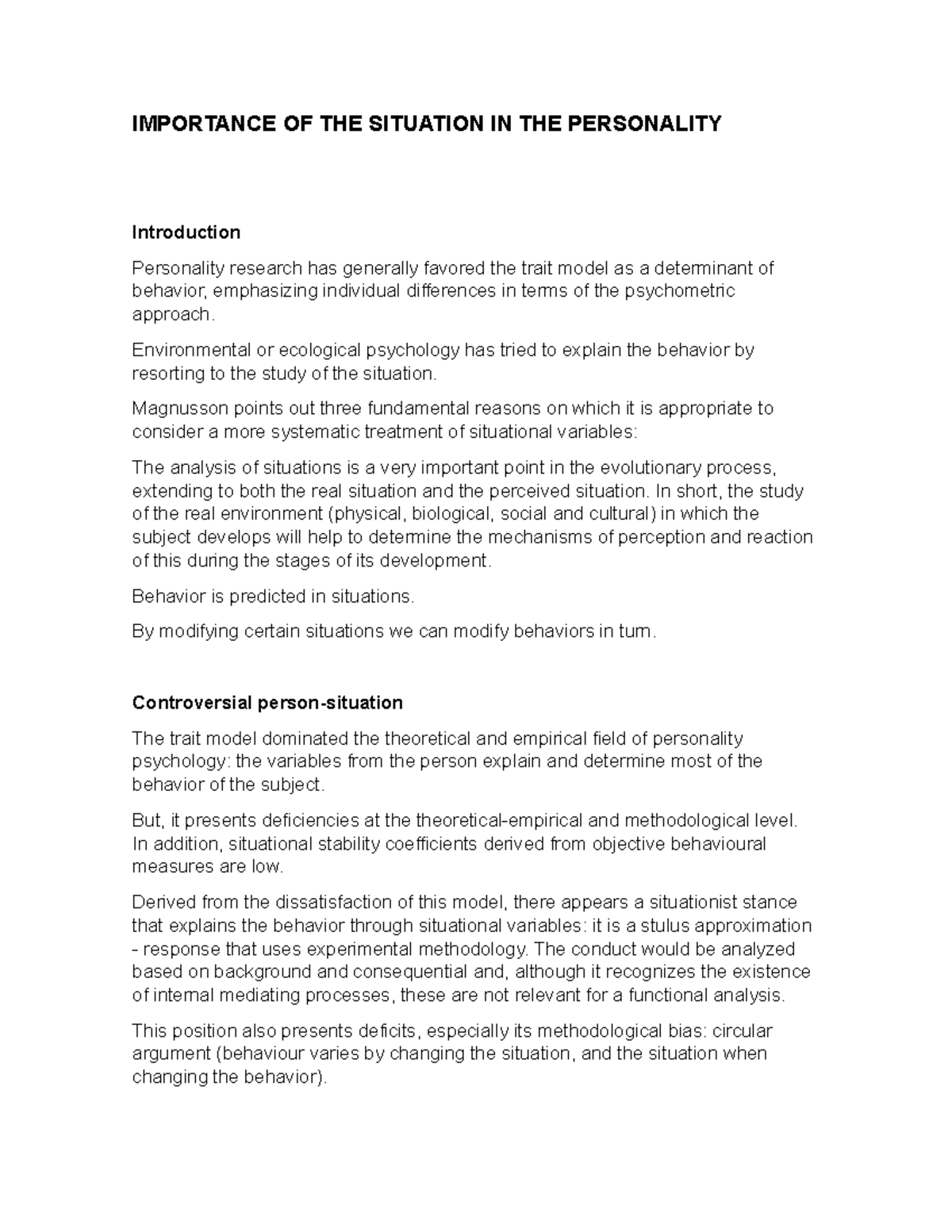 Importance of the situation in the personality - IMPORTANCE OF THE ...