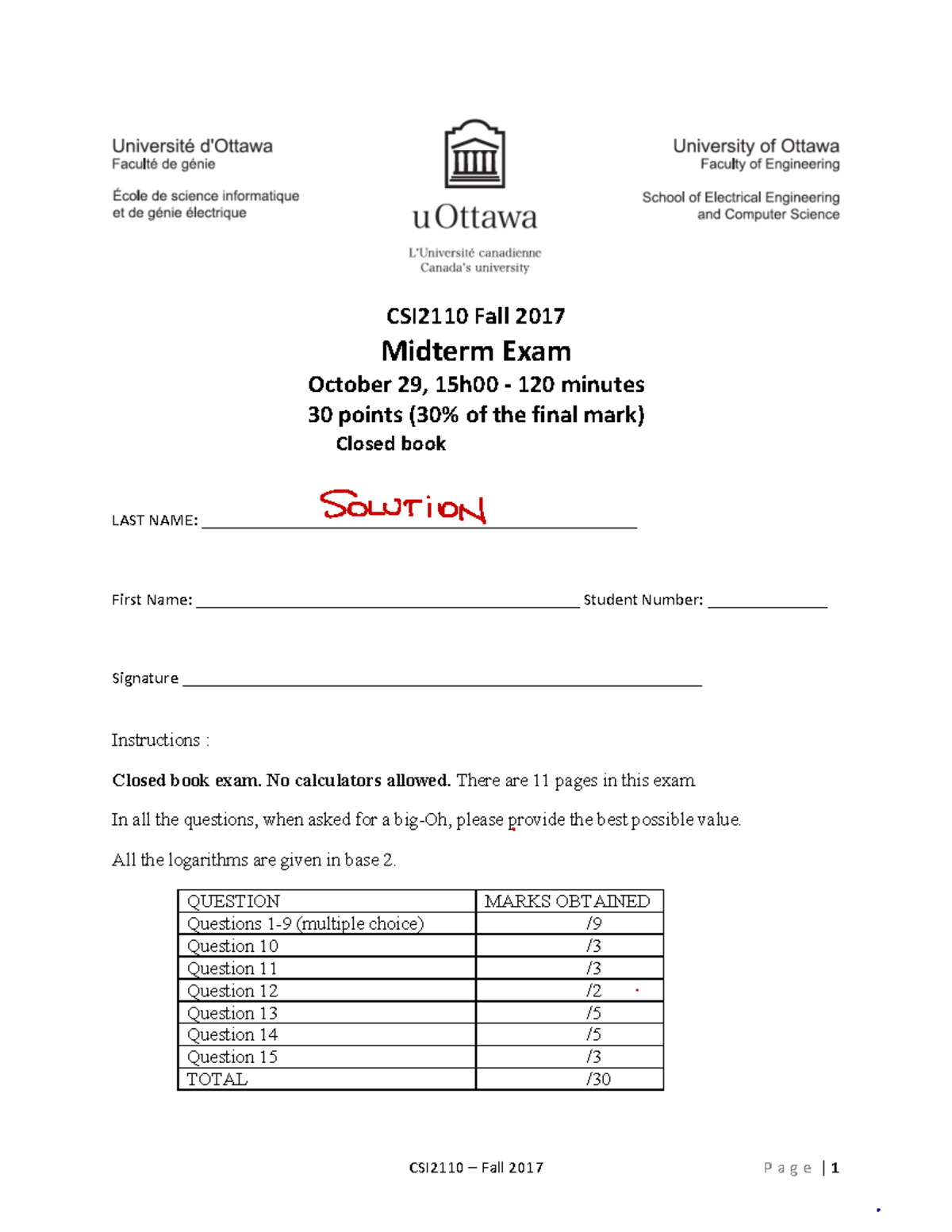 Midterm 2017 solution - CSI2110 – Fall 2017 P a g e | 1 CSI2110 Fall ...