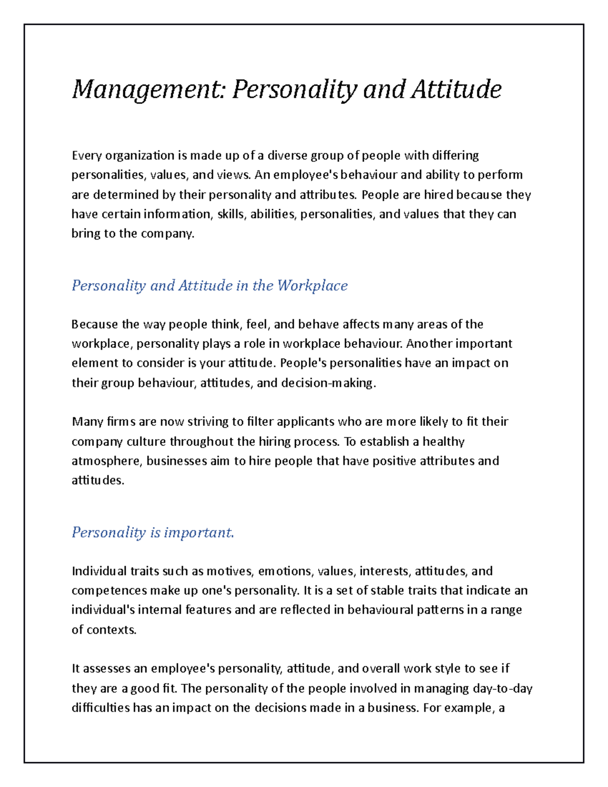 Management: Personality and Attitude - An employee's behaviour and ...