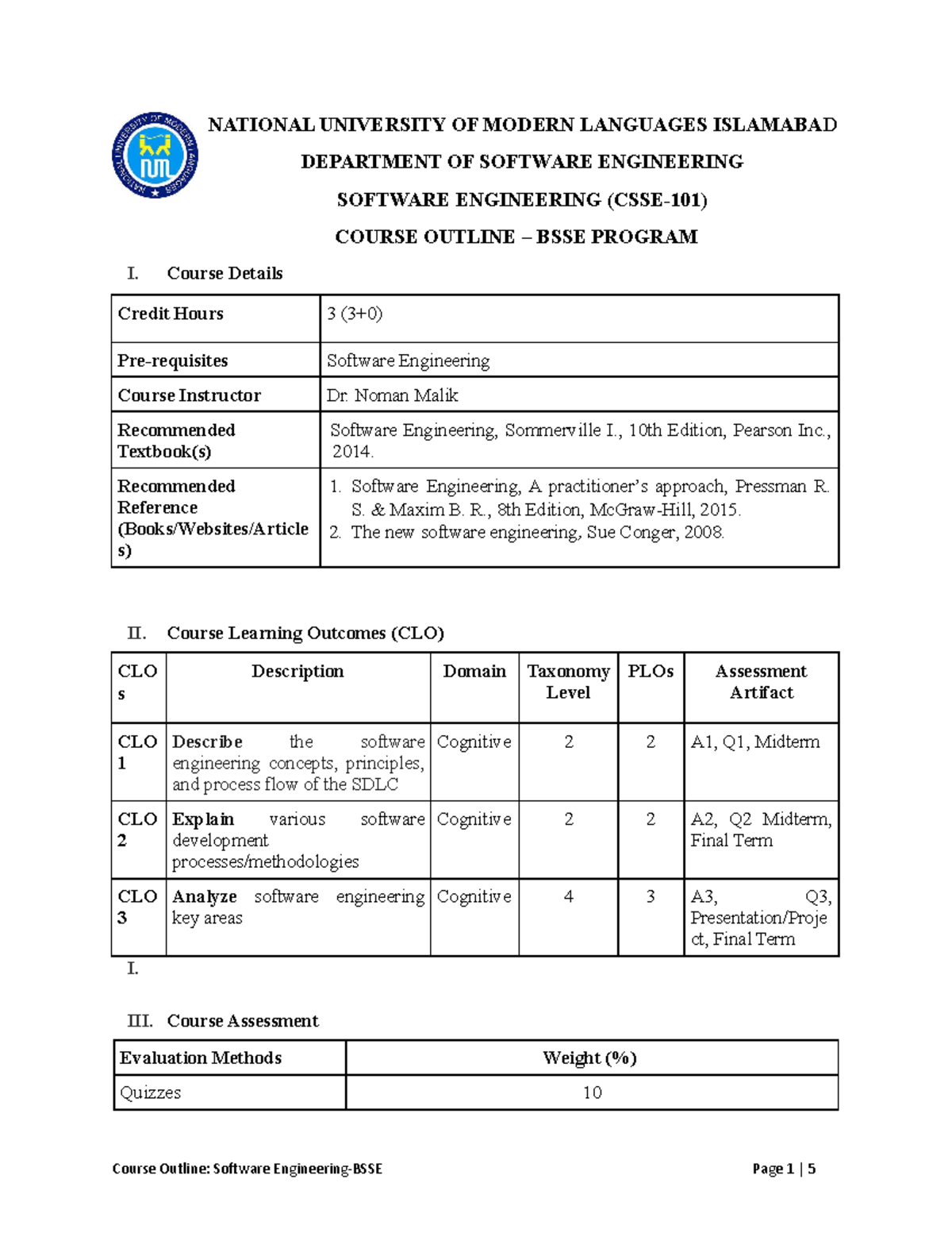 CSSE-101-Software Engineering-Course Outline - NATIONAL UNIVERSITY OF ...