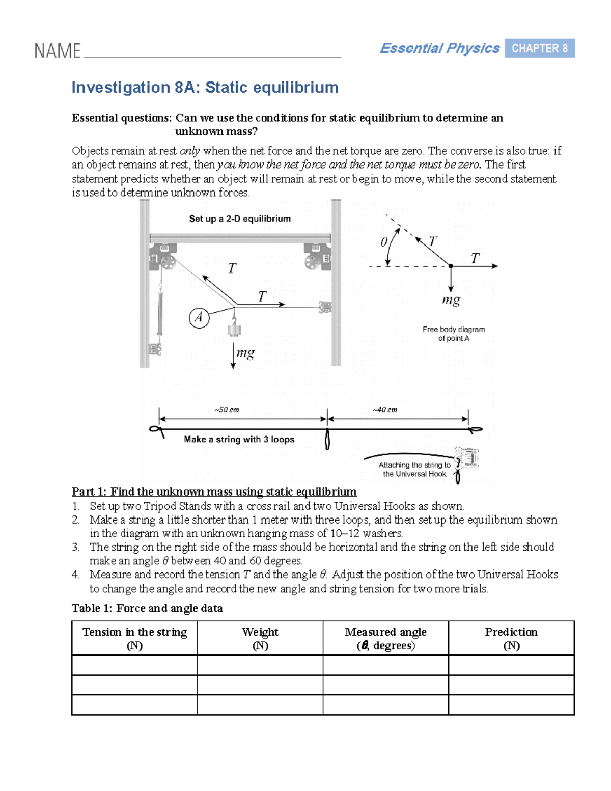 08A Force Equilibrium - Investigation 8A: Static equilibrium Essential ...