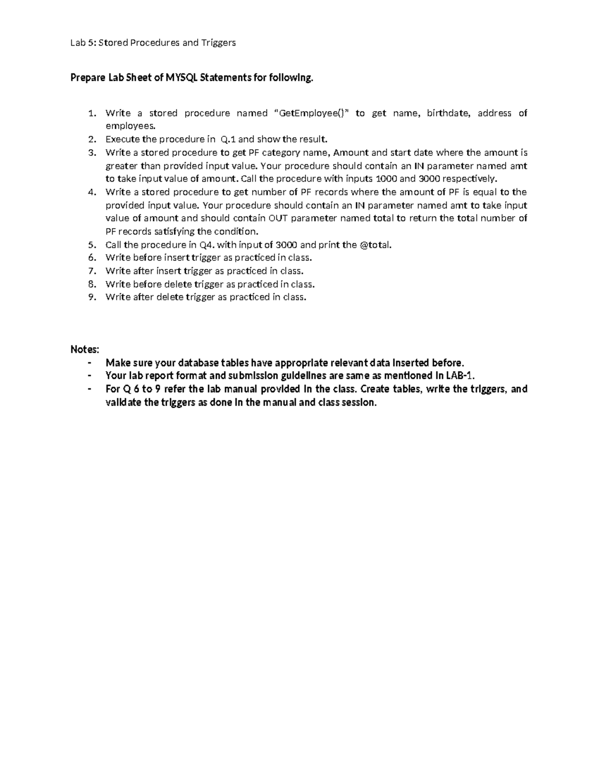 DBMS Practical Questions for Lab Sheet 5 1 - Lab 5: Stored Procedures and Triggers Prepare Lab ...
