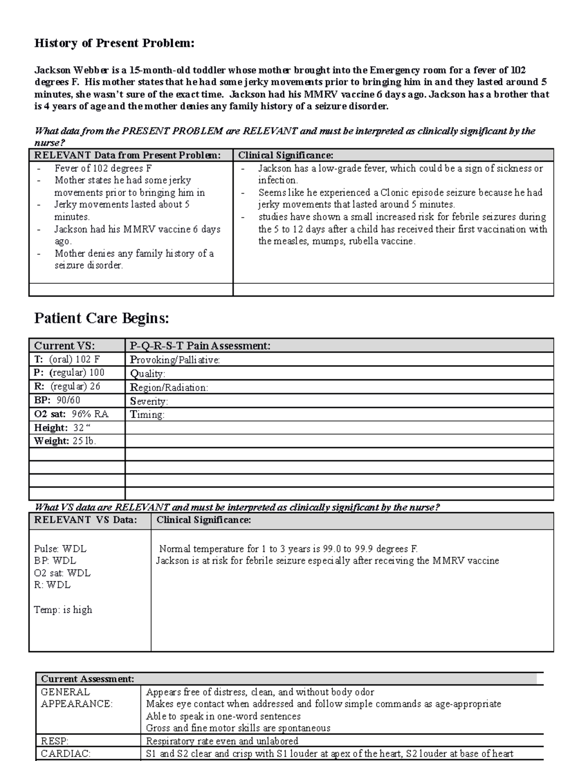 Concise Case Study Febrile Seizure Student - History of Present Problem ...