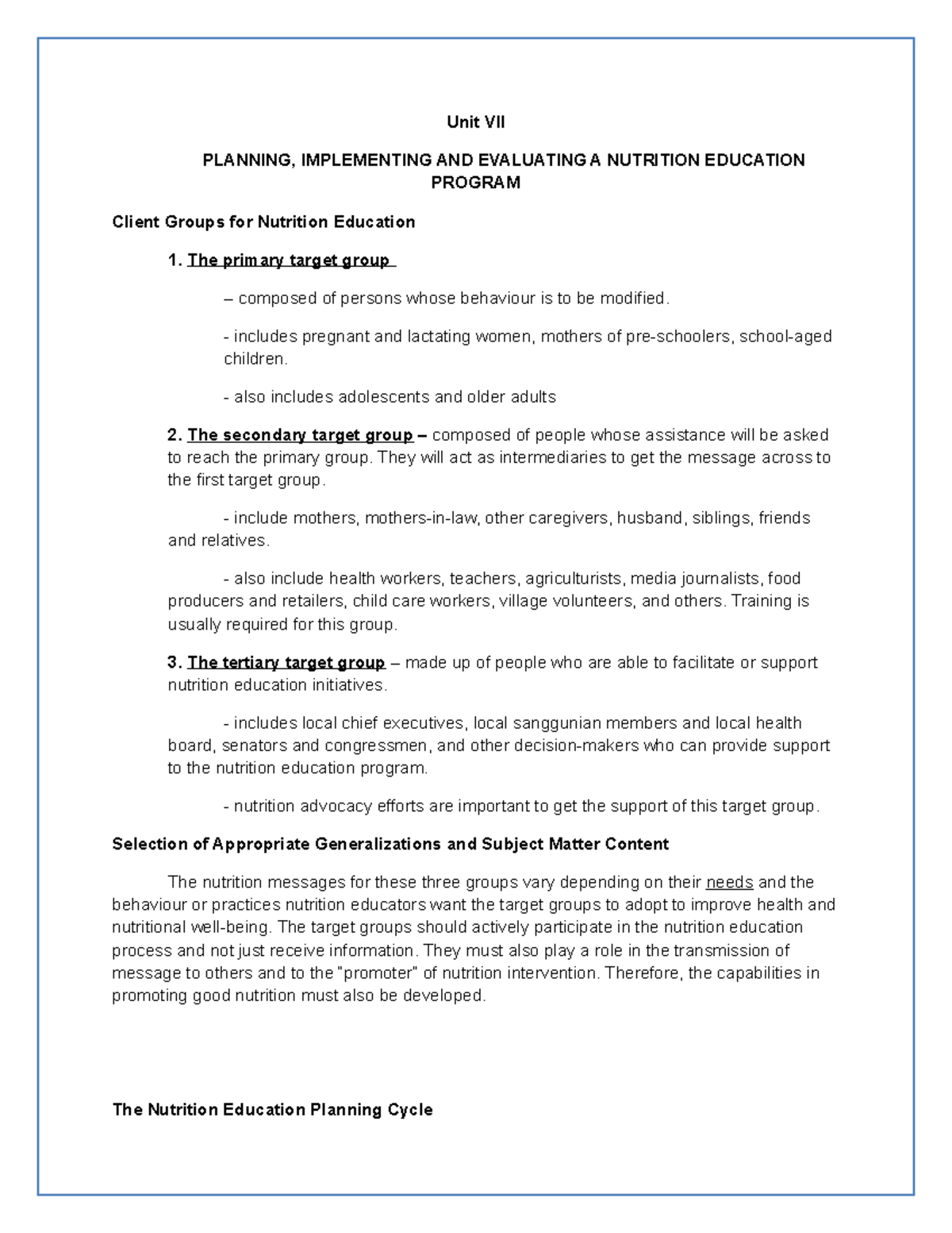 7 Plng and Implementing a Nut Ed Prog - Unit VII PLANNING, IMPLEMENTING ...