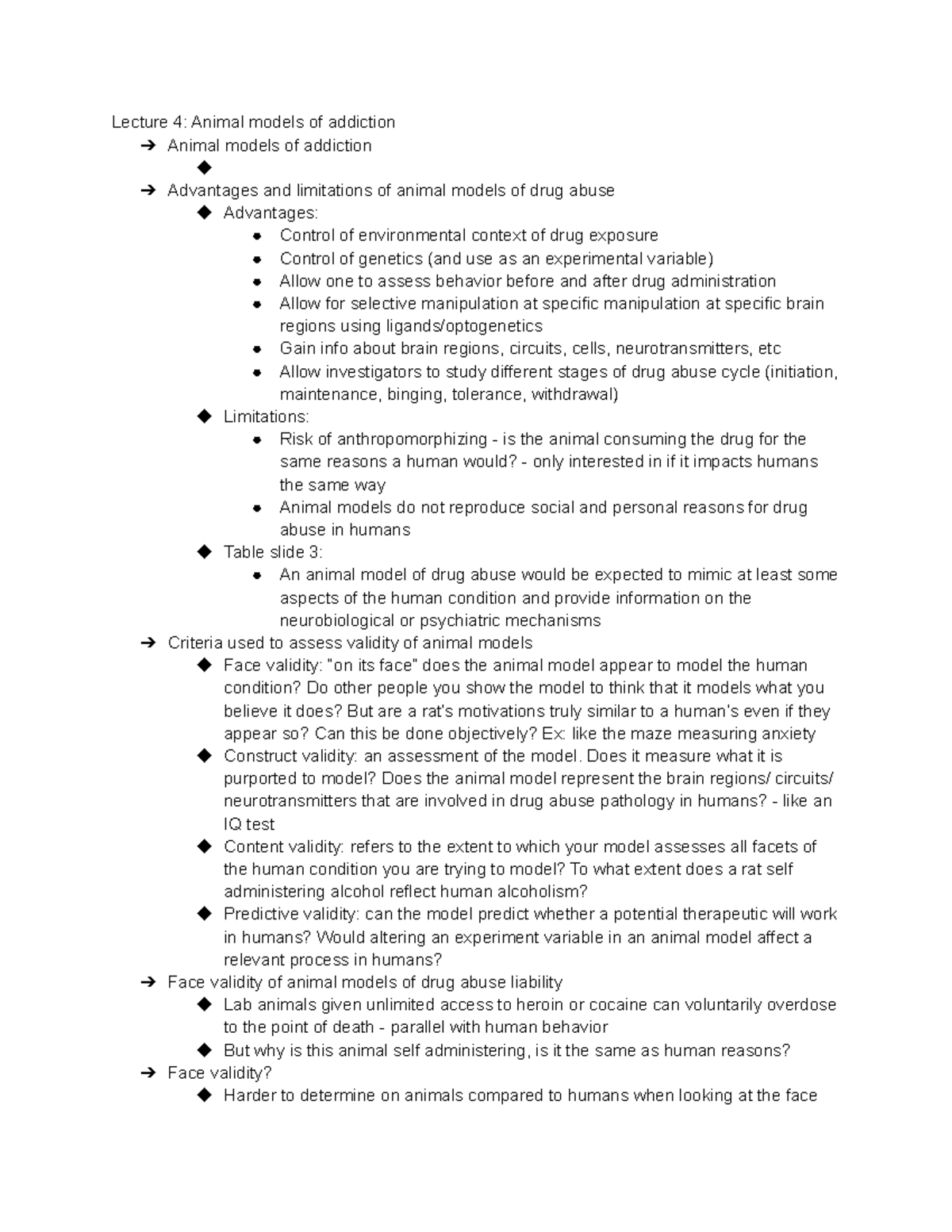 Lecture 4 Notes - Lecture 4: Animal models of addiction Animal models ...