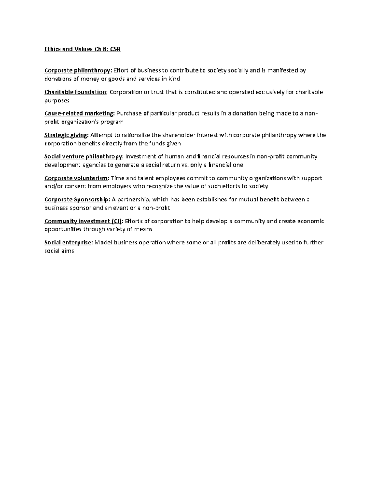 Ethics and Values Ch. 8 - only a financial one Corporate voluntarism ...