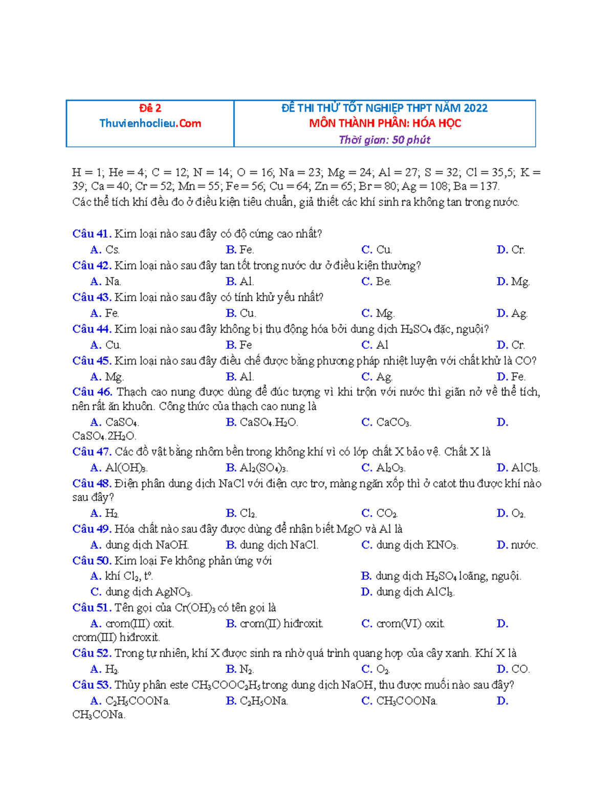 đề-1 - De hoa hoc - Đềề 2 ĐỀỀ THI TH Ử TỐỐT NGHI P THPT NĂM 2022Ệ Thuvienhoclieu MỐN THÀNH PHẦỀN ...