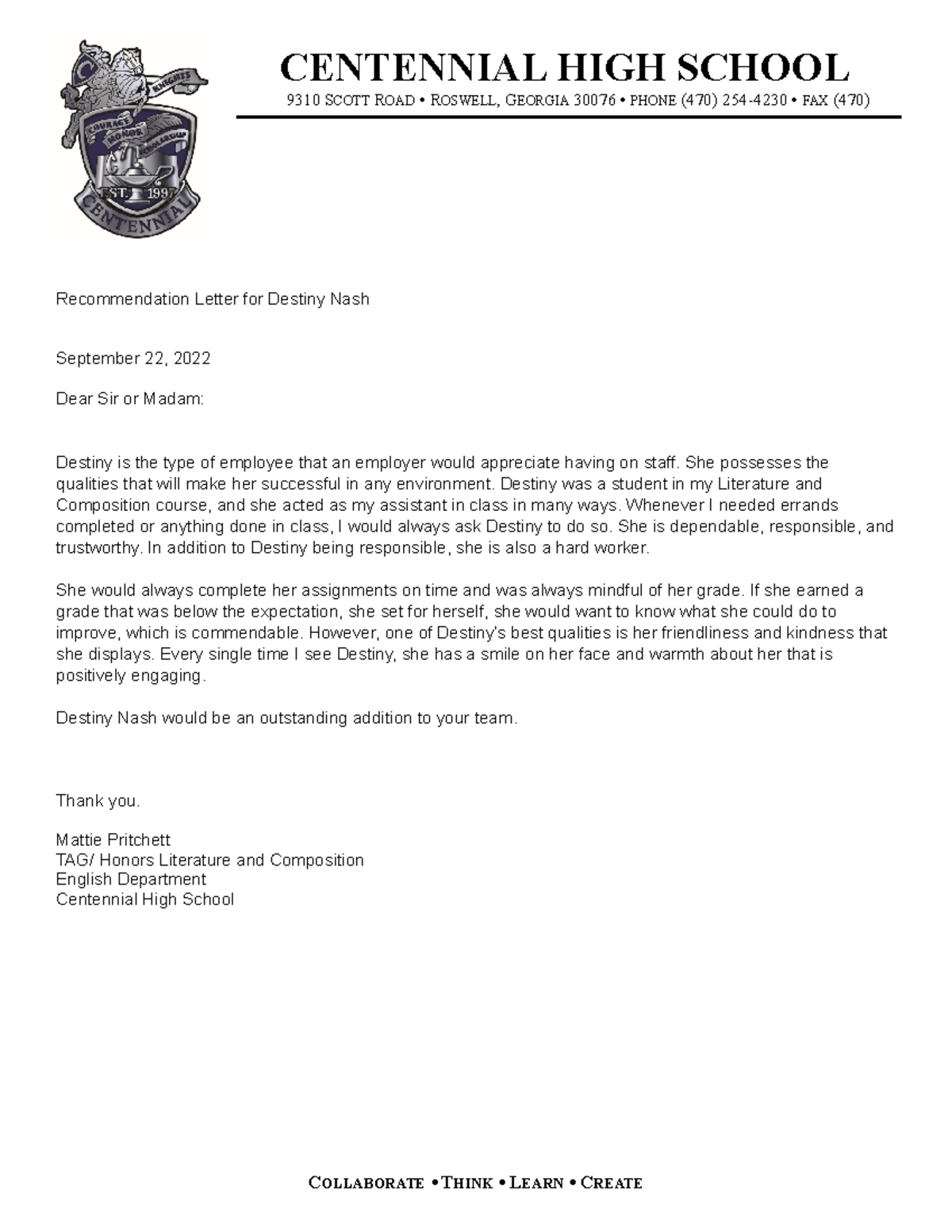Recommendation Letter- Destiny Nash - CENTENNIAL HIGH SCHOOL 9310 SCOTT ...