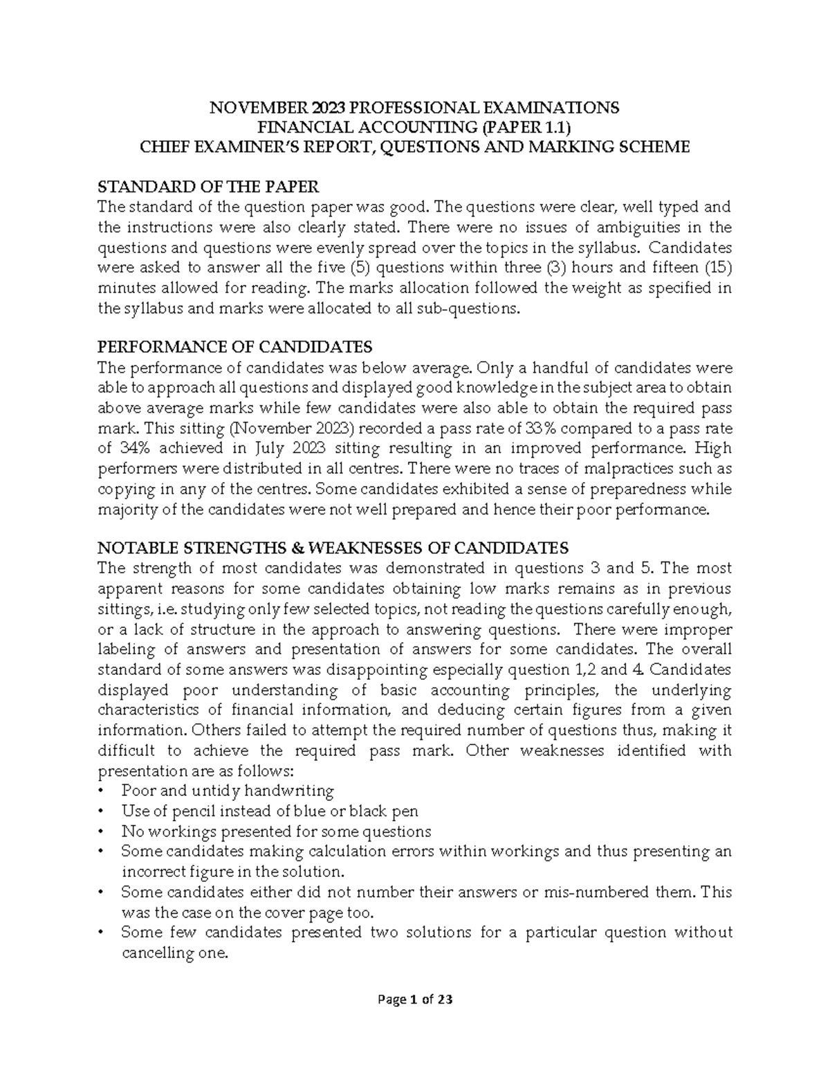 Financial Accounting Paper 1 - NOVEMBER 2023 PROFESSIONAL EXAMINATIONS ...