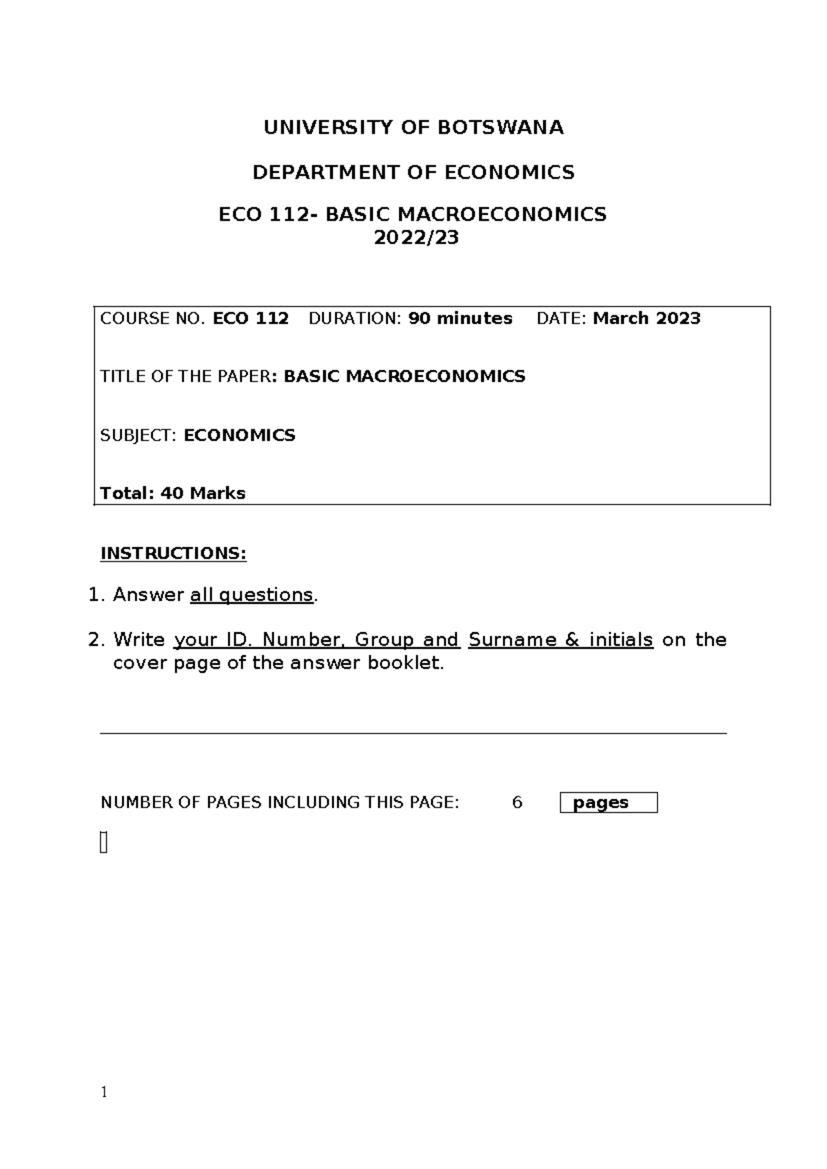 ECO 111 Test 1 2023 - eco test 1 paper 2023 - UNIVERSITY OF BOTSWANA ...