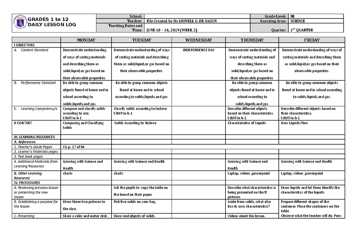 DLL Science 3 Q1 W2 - GRADES 1 to 12 DAILY LESSON LOG School: Grade ...