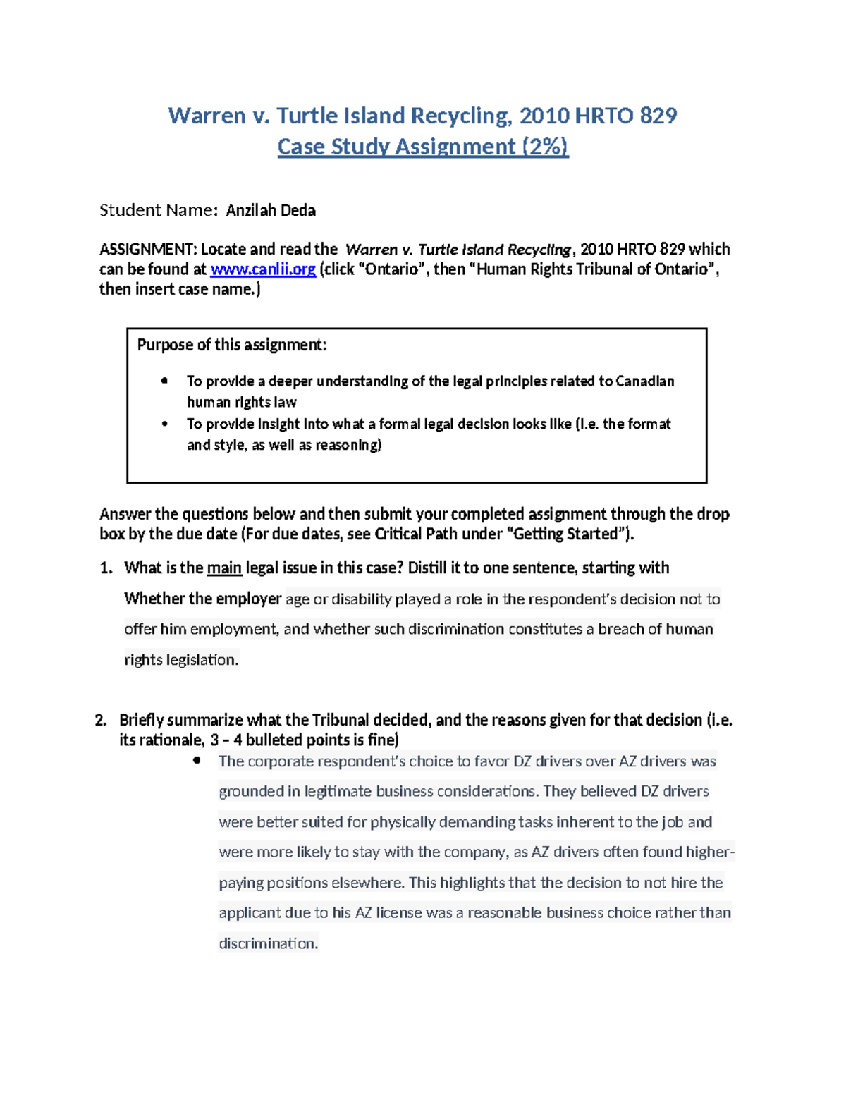 Warren case study - read - Warren v. Turtle Island Recycling, 2010 HRTO ...