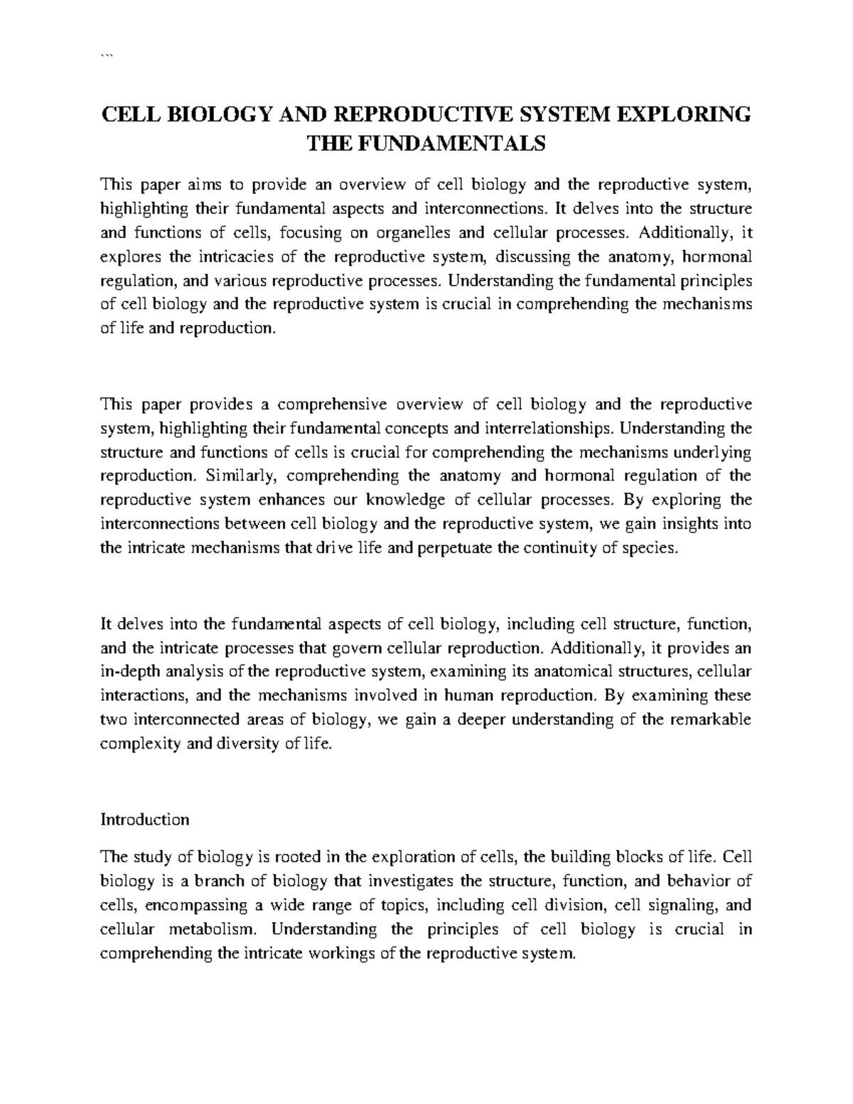 CELL Biology AND Reproductive System Exploring THE Fundamentals ...