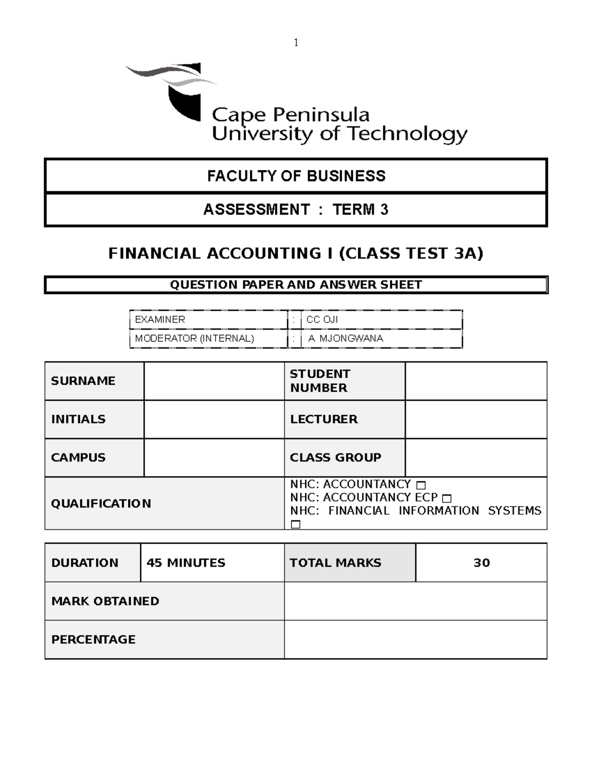 Financial Accounting 1 Final Exam - FACULTY OF BUSINESS ASSESSMENT ...