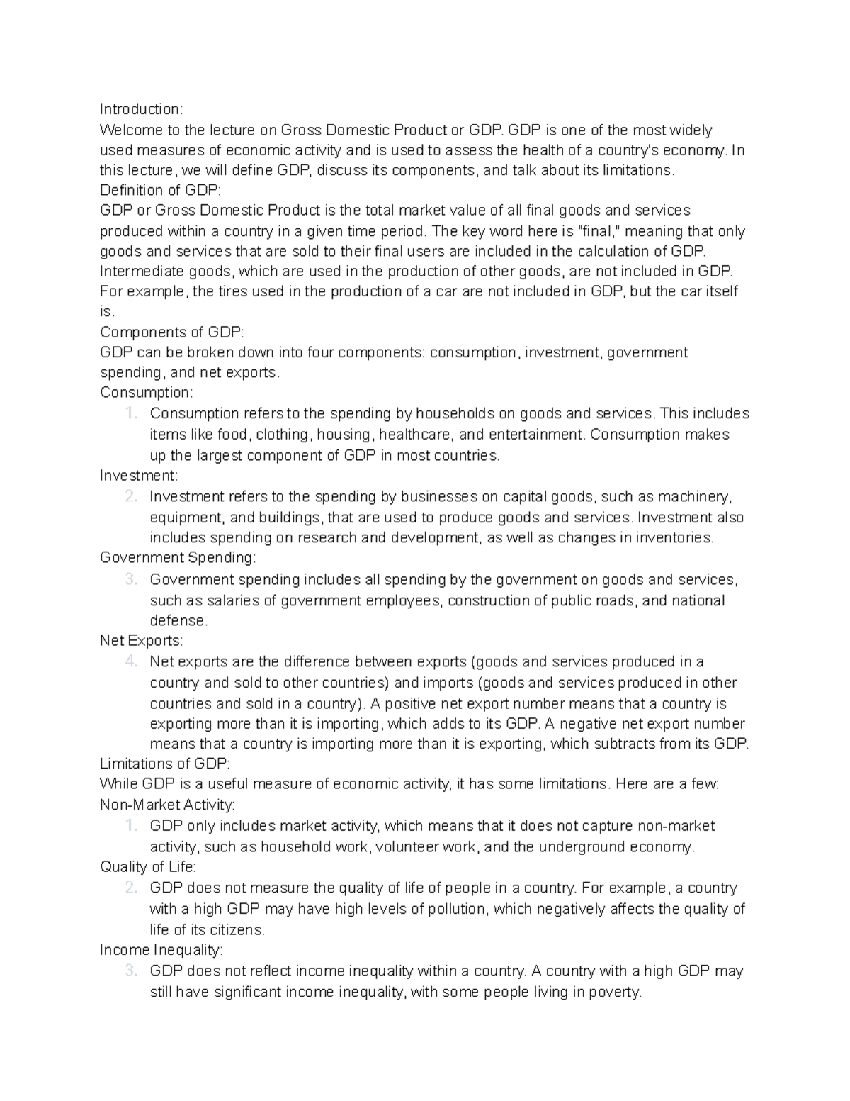 Econ101 Lecture Notes 26 Introduction Welcome To The Lecture On Gross Domestic Product Or Gdp
