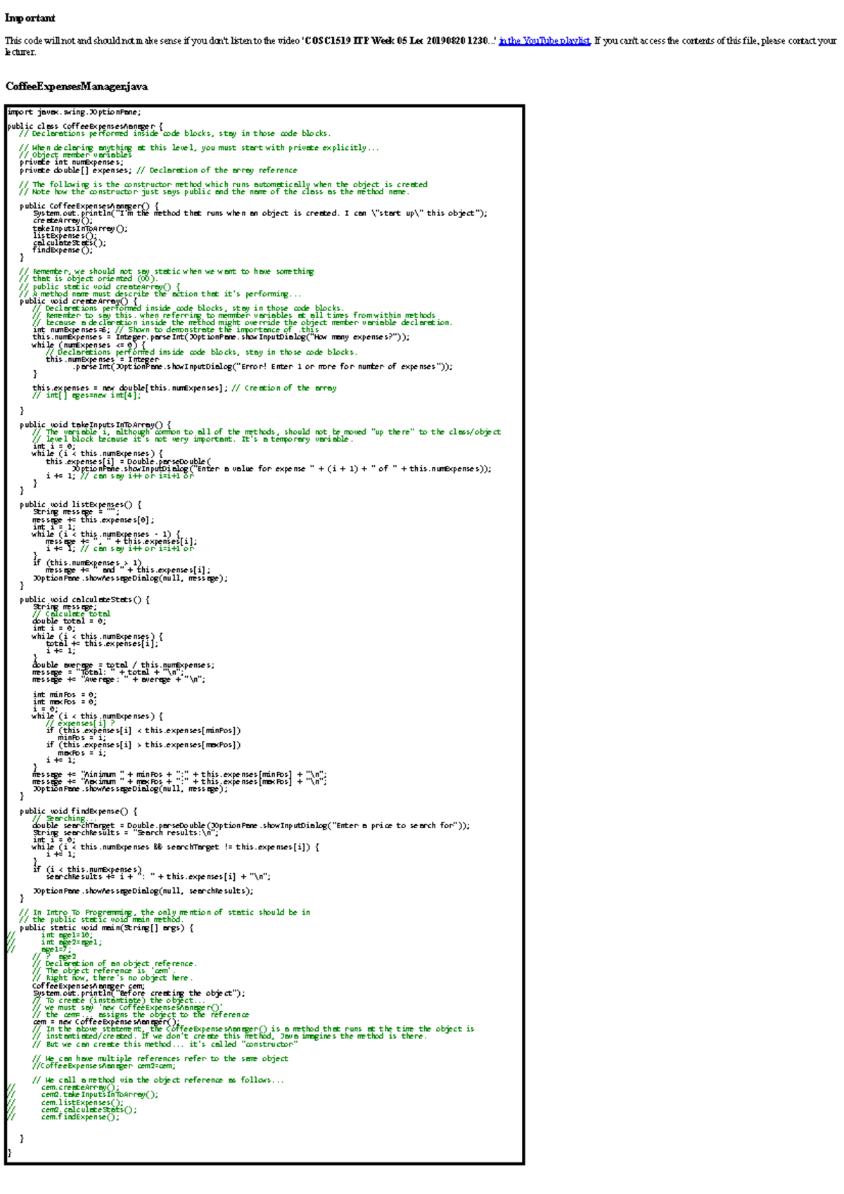 Lecture 5 - OO Part A - Code - Important This code will not and should ...