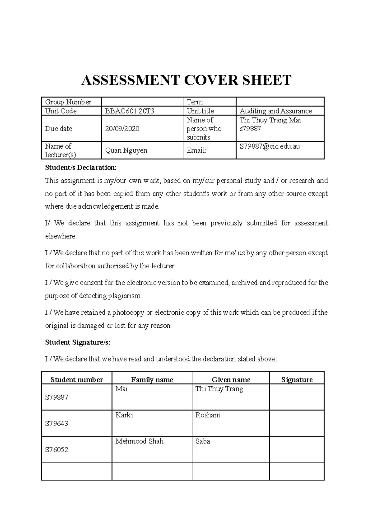 Auditing Assignment - ASSESSMENT COVER SHEET Group Number Term Unit ...