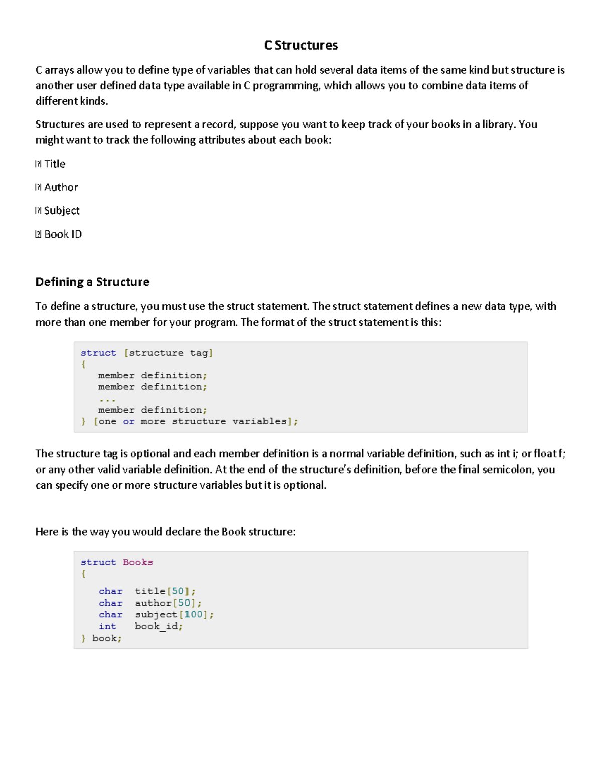 Lecture 8 Struc and Union - C Structures C arrays allow you to define ...