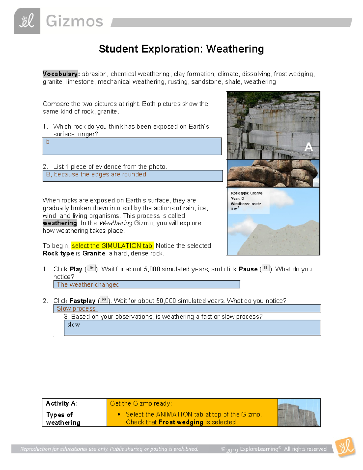 Weathering Gizmo Part A - Student Exploration: Weathering Vocabulary ...