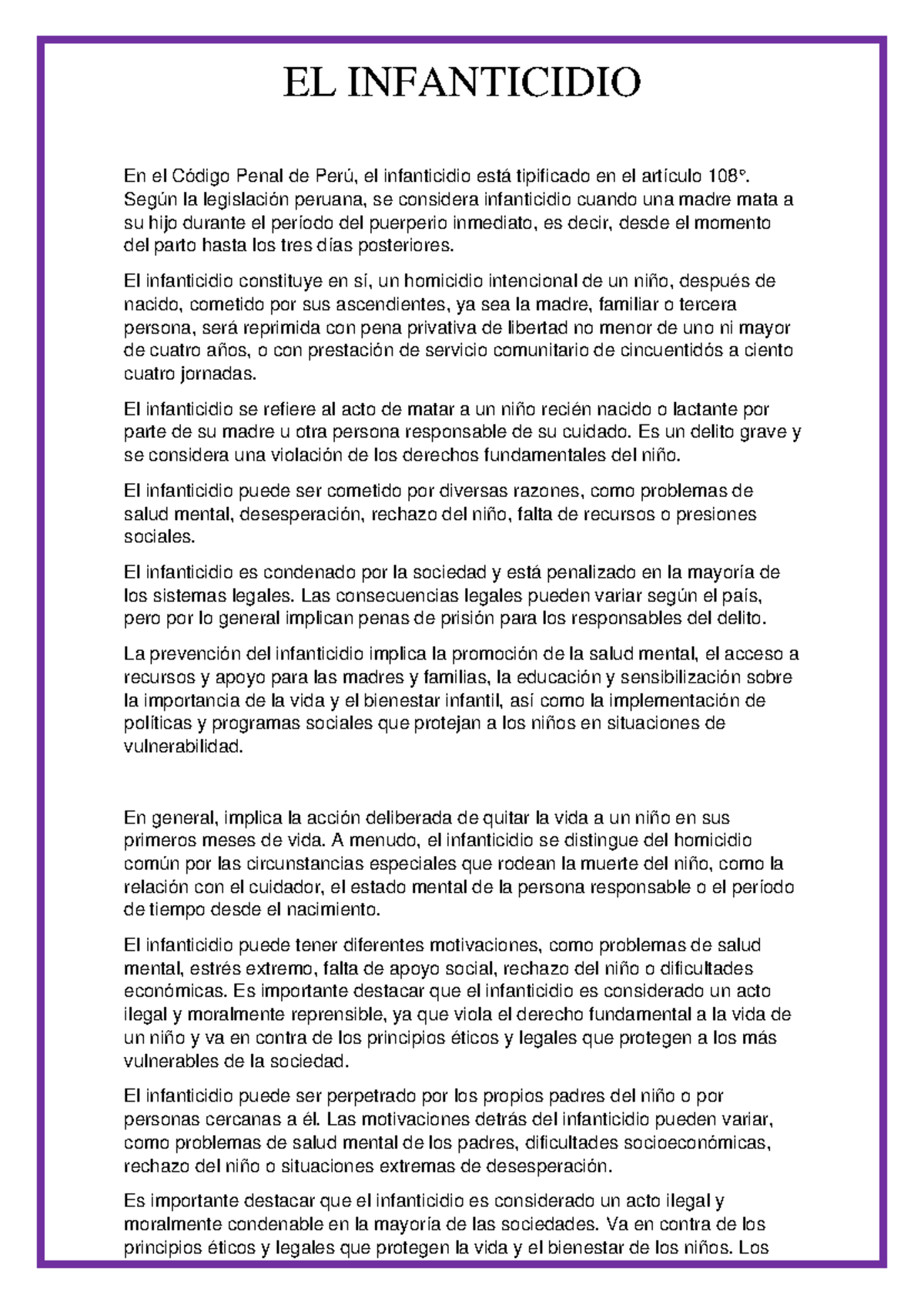 EL Infanticidio - lectura - EL INFANTICIDIO En el Código Penal de Perú ...