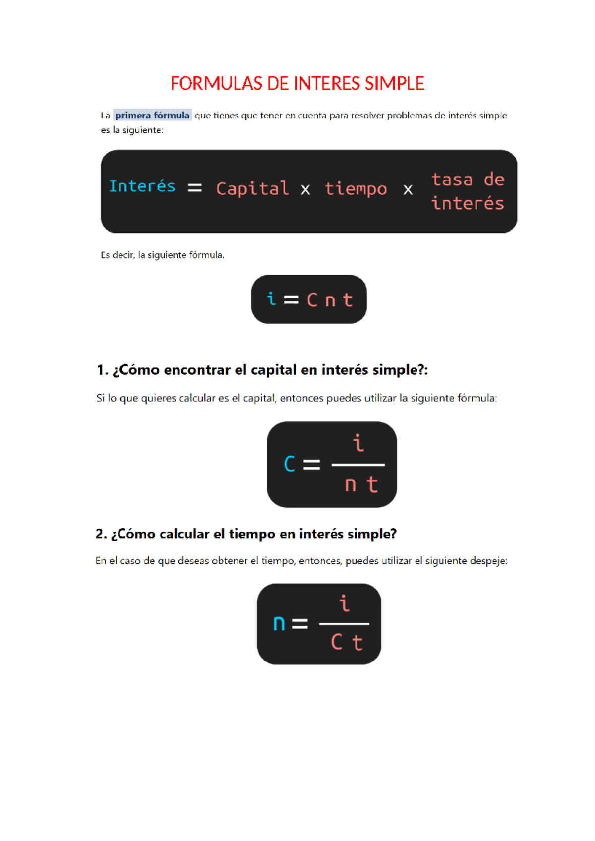 Formulas DE Interes Simple - FORMULAS DE INTERES SIMPLE La primera ...