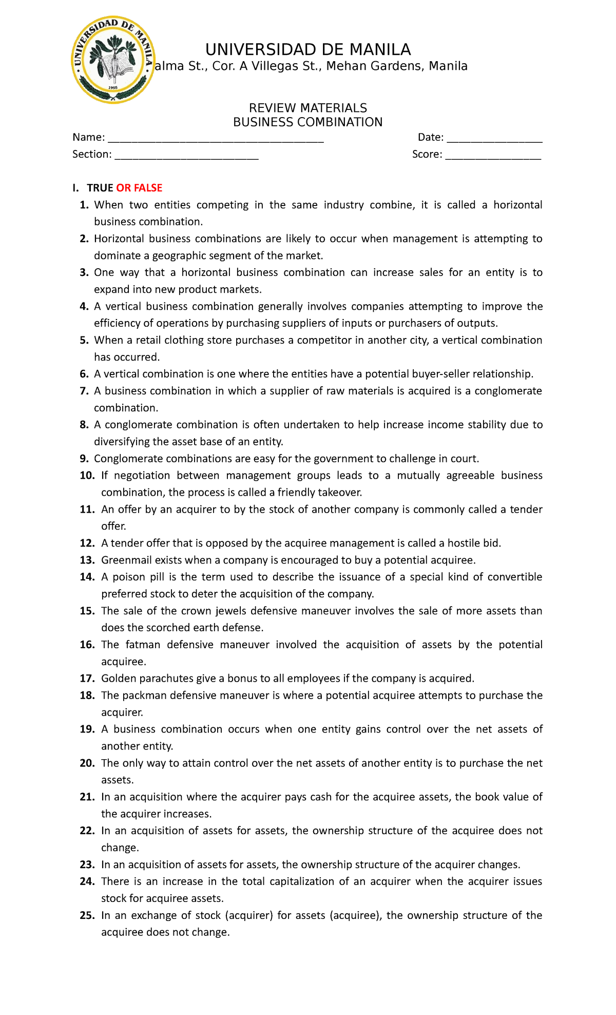 TRUE-OR- False-MCQ- Business- Combination- Reviewer-1 - UNIVERSIDAD DE ...