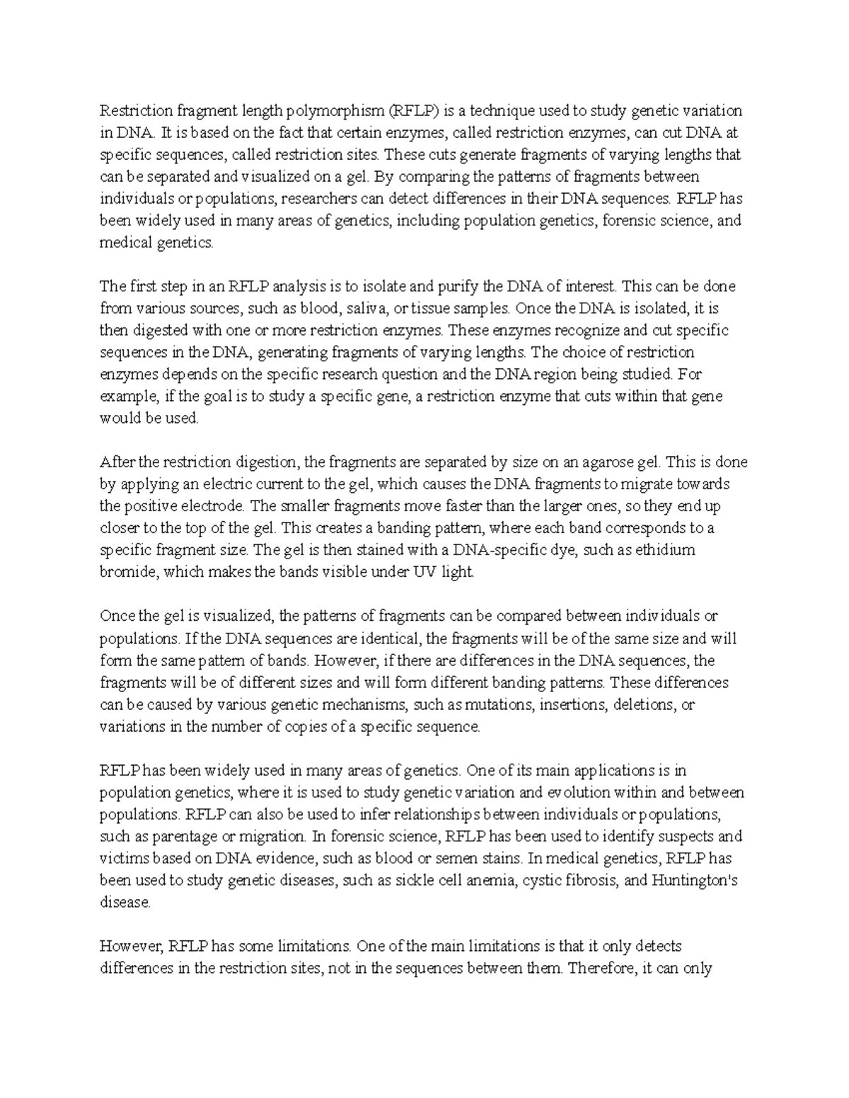 Restriction fragment length polymorphism (RFLP) notes - It is based on ...