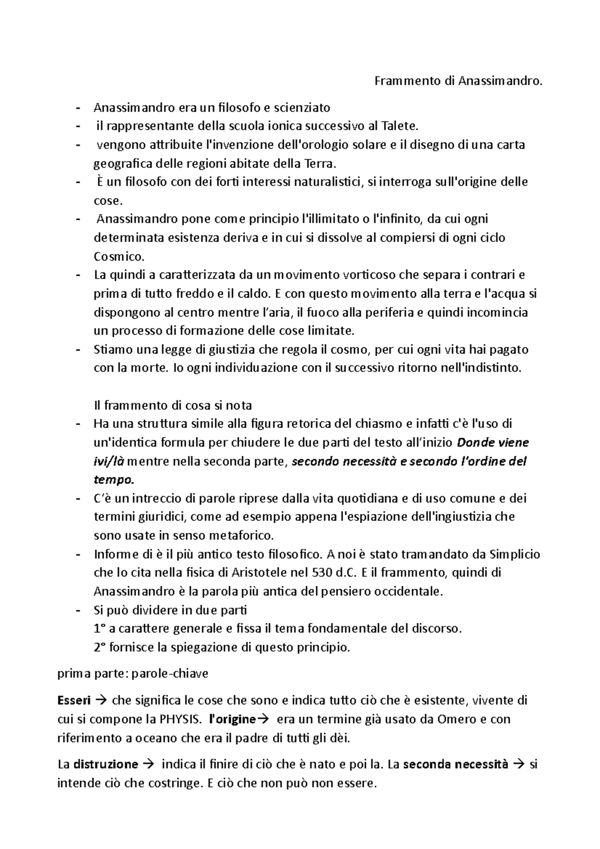 Frammento di Anassimandro - Anassimandro era un filosofo e scienziato ...