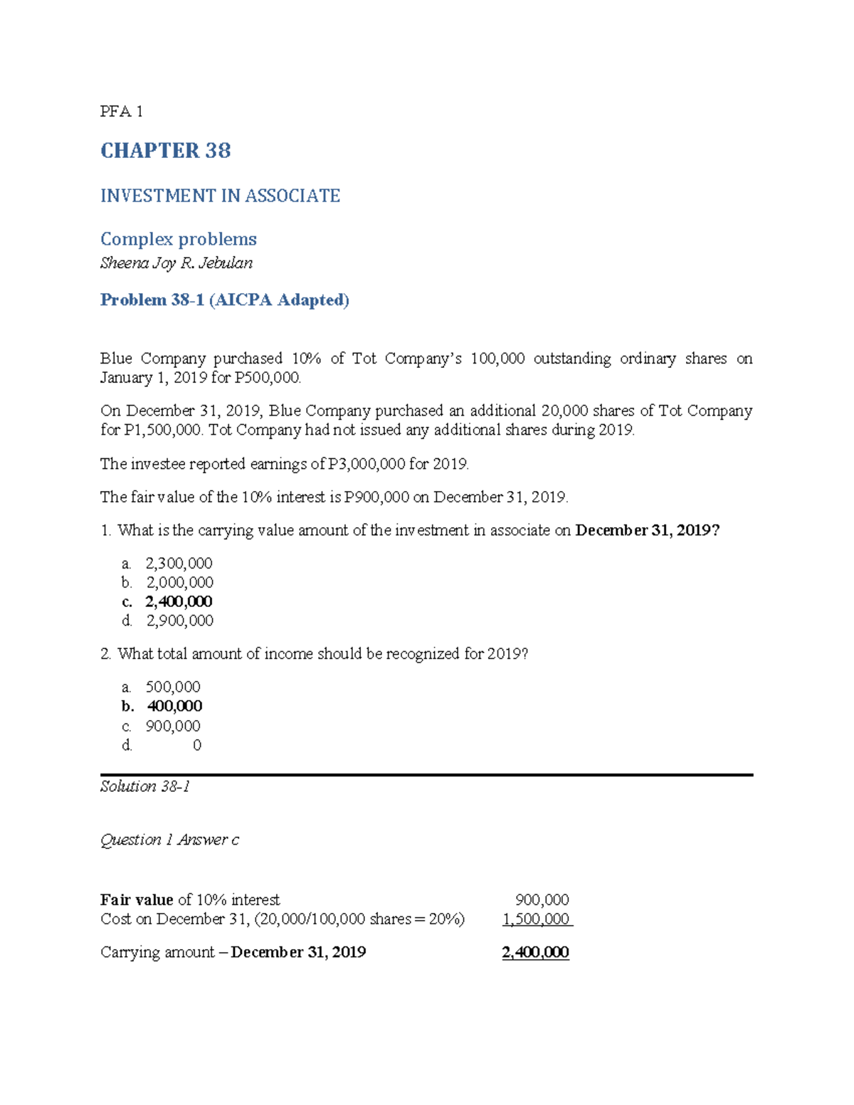 Pdfcoffee - Law - PFA 1 CHAPTER 38 INVESTMENT IN ASSOCIATE Complex problems Sheena Joy R ...