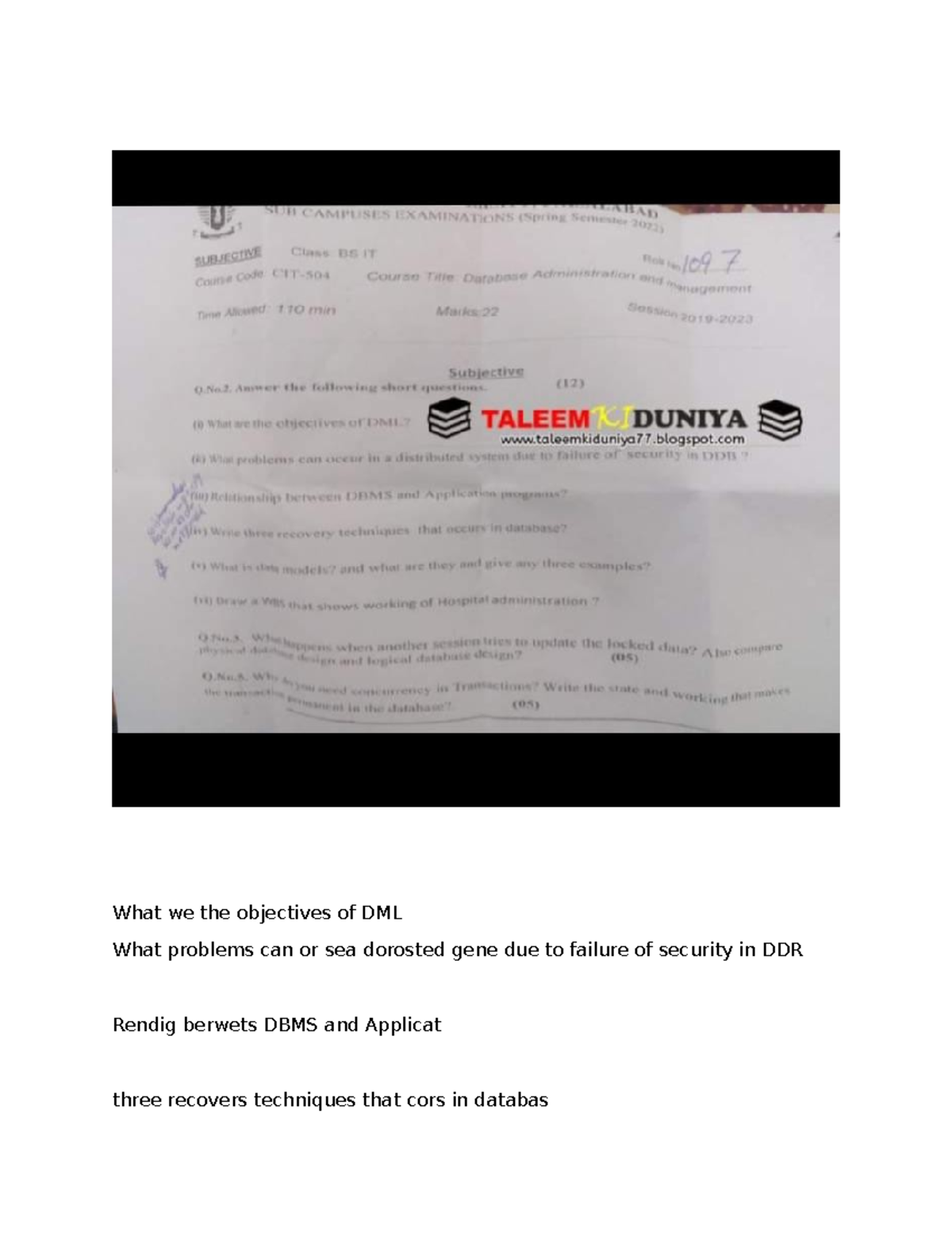 Db6 - Past paper - Database Management and administration - What we the ...