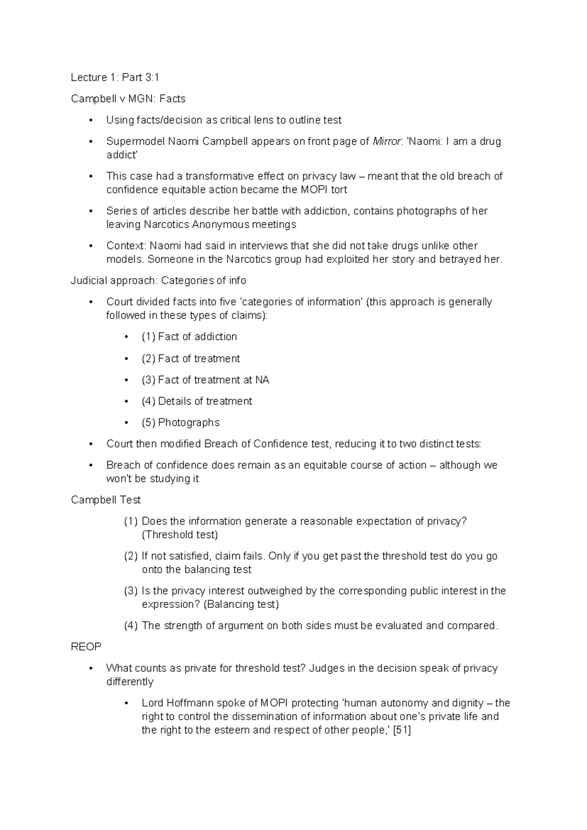Lecture 1 pt 3 - slides - Lecture 1: Part 3: Campbell v MGN: Facts - Using facts/decision as ...