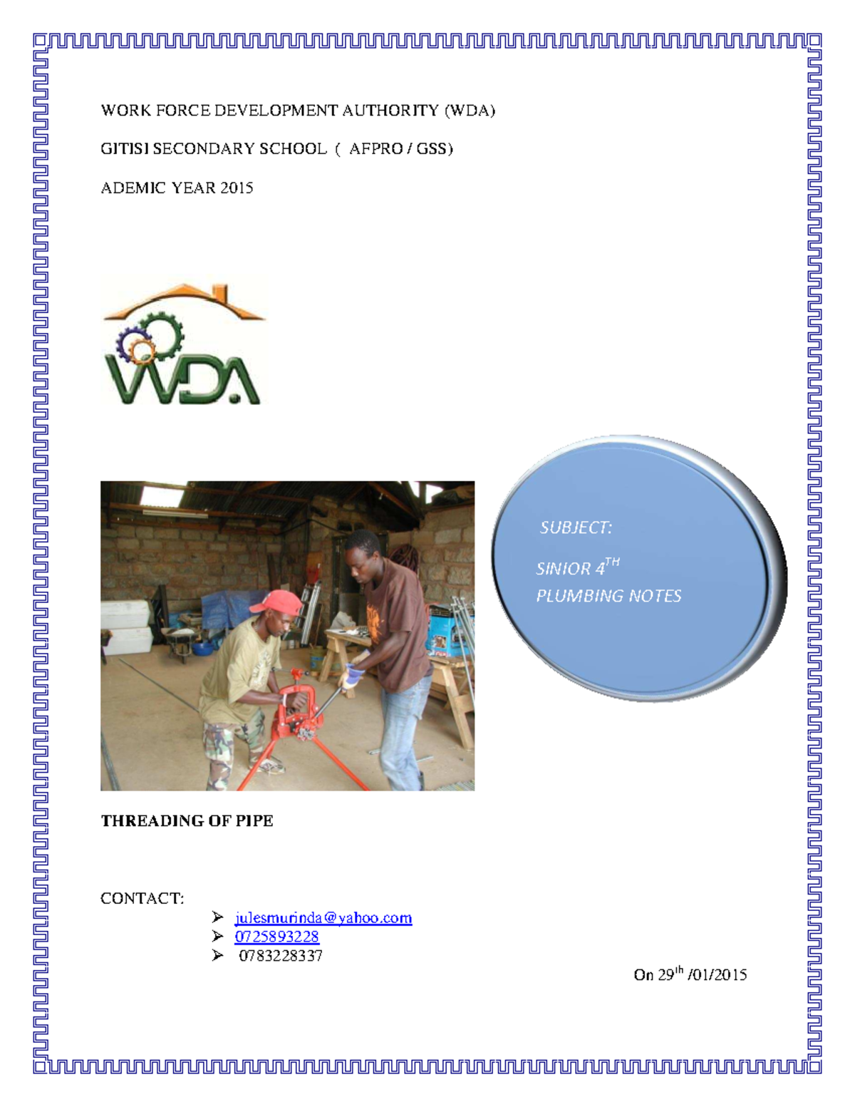 Plumbing Notes FOR Sinior - SUBJECT: SINIOR 4TH PLUMBING NOTES WORK ...