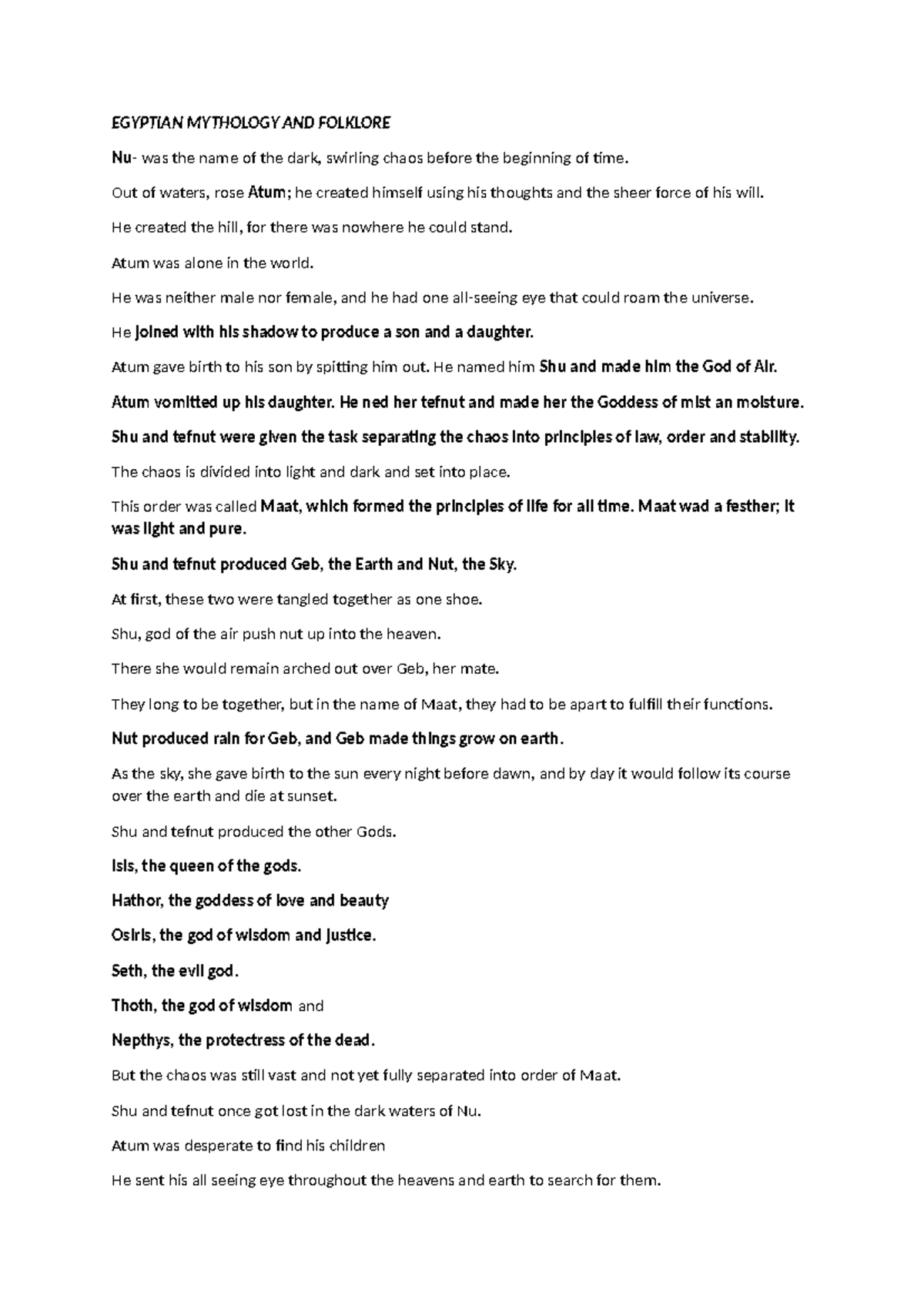 Egyptian Mythology - EGYPTIAN MYTHOLOGY AND FOLKLORE Nu- was the name ...