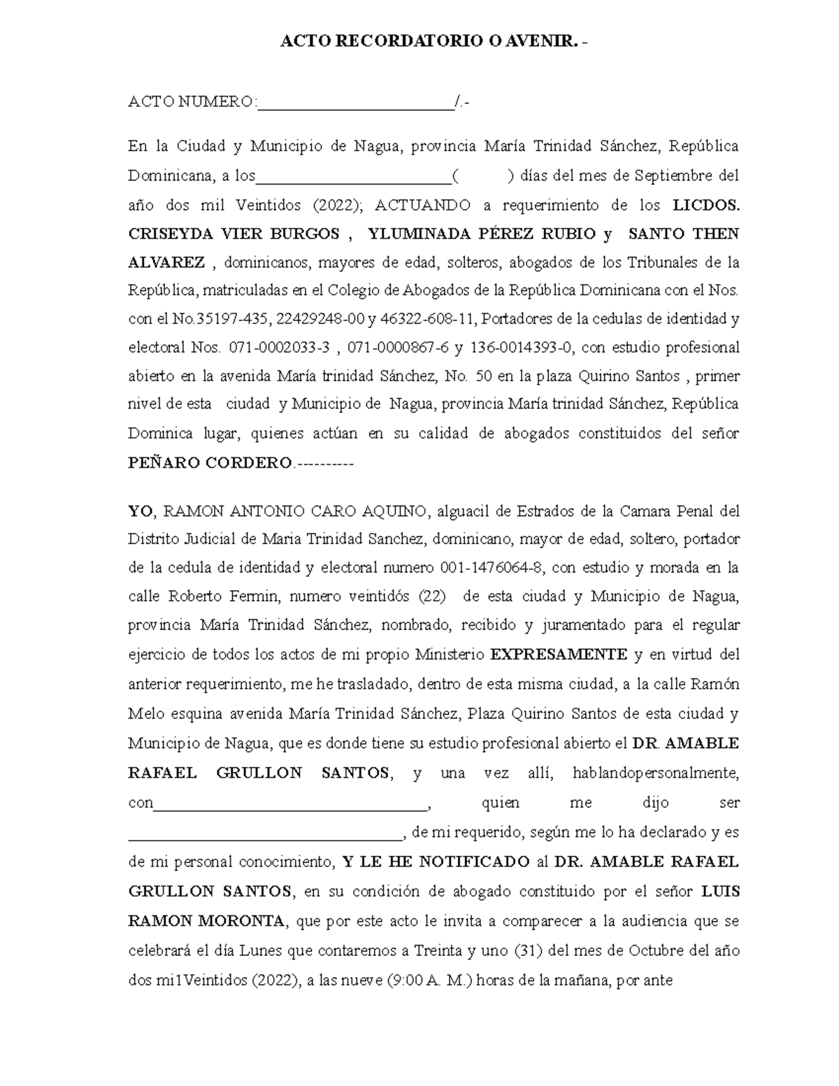 ACTO Recordatorio O Avenir - ACTO RECORDATORIO O AVENIR. - ACTO NUMERO