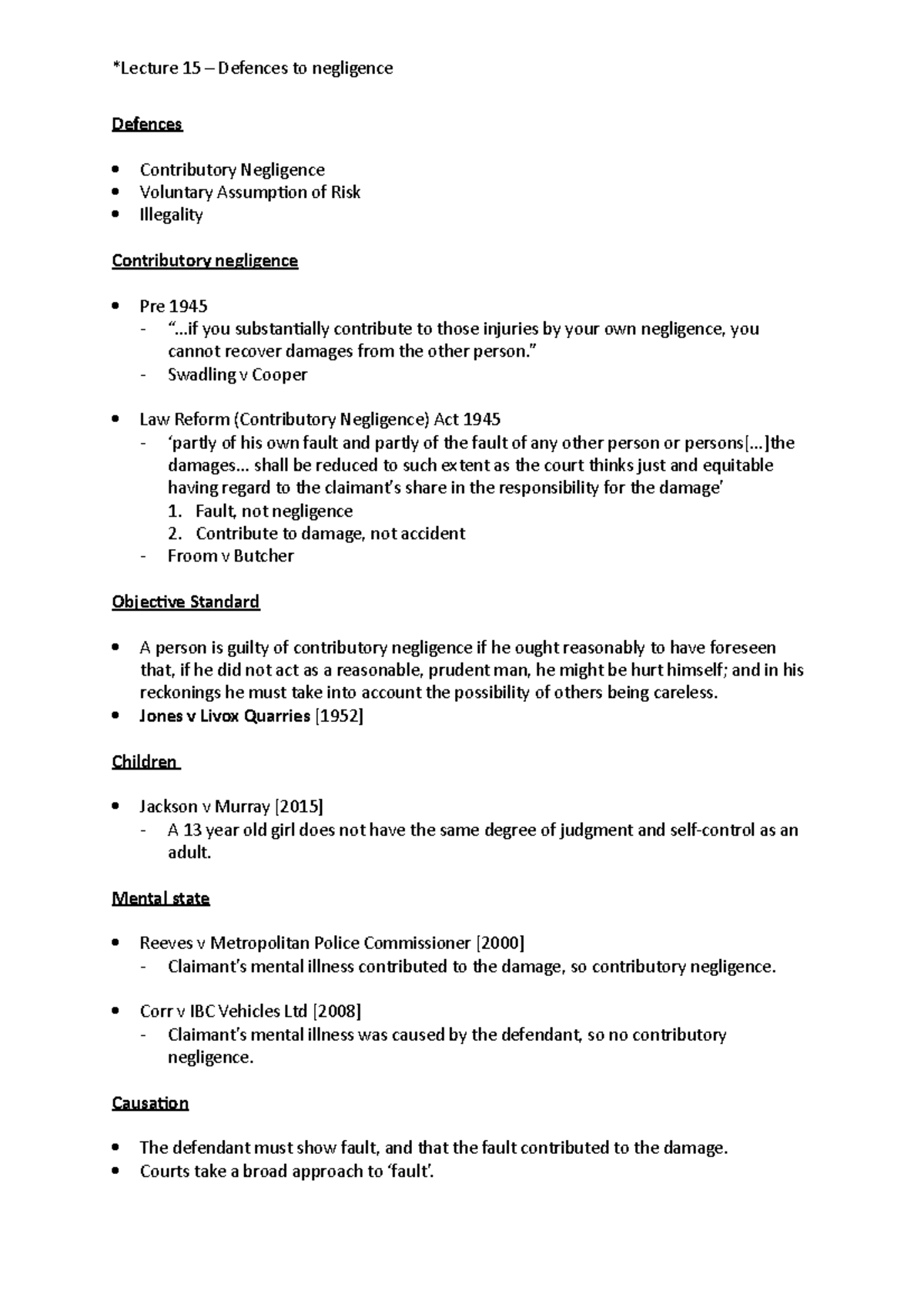 *Lecture 15 – Defences to negligence - *Lecture 15 – Defences to ...