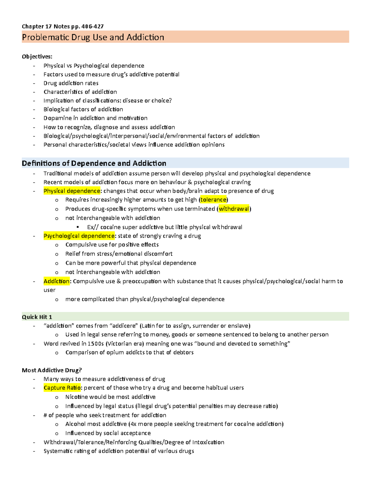 Chapter 17 Notes - Problematic Drug Use and Addiction - Chapter 17 ...