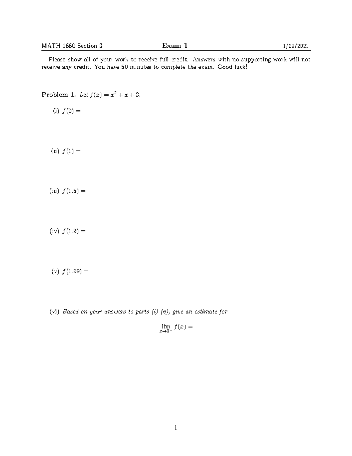 1550 Exam 1 - Practice problems from previous exam. - MATH 1550 Section ...