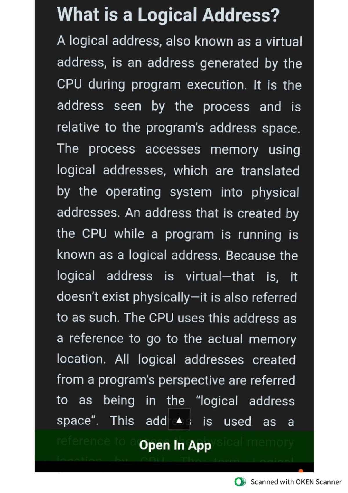Logical address - It is the address seen the process and is relative to ...