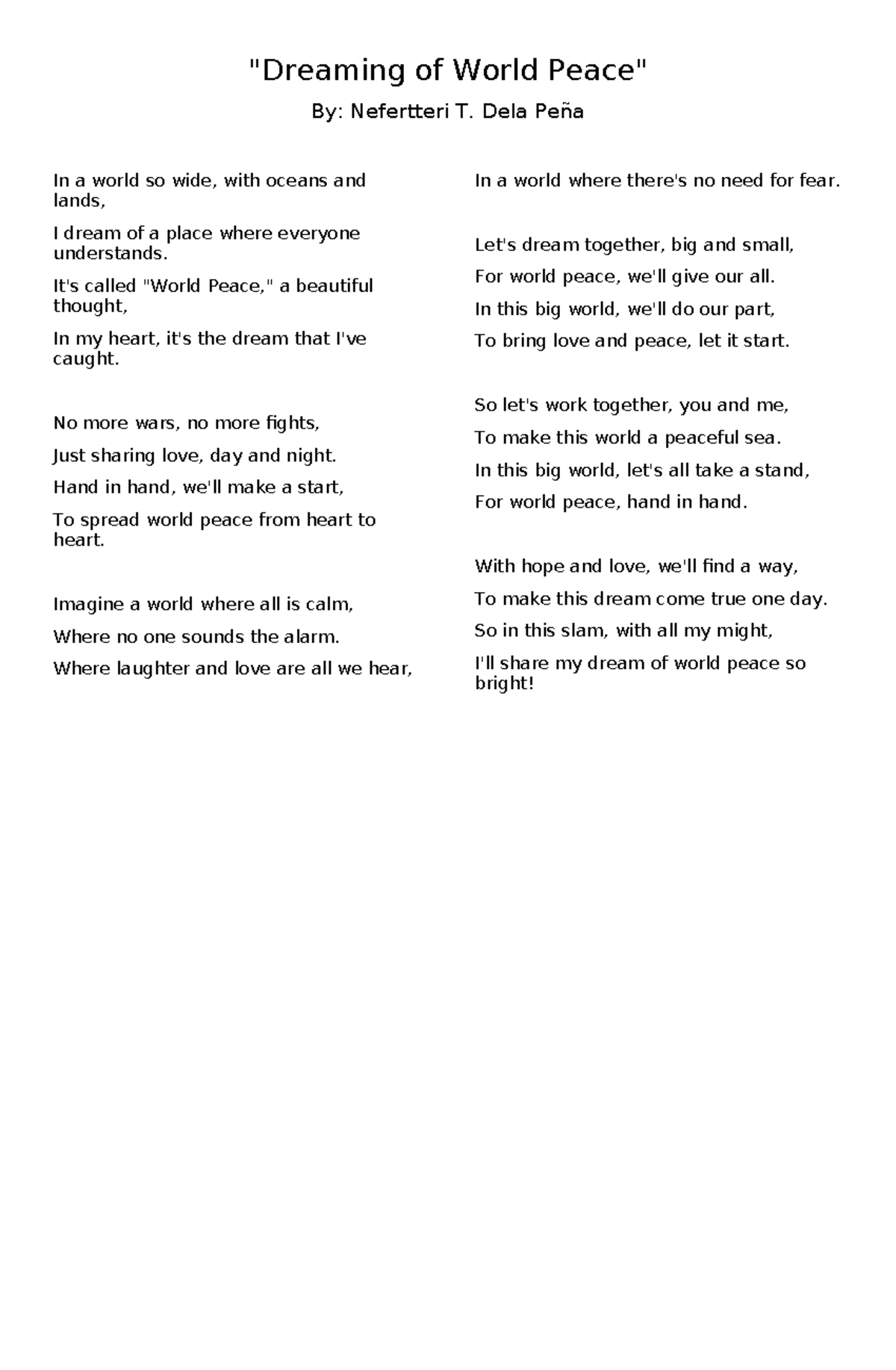 Dreaming of World Peace by Nefertteri DP - "Dreaming of World Peace" By ...