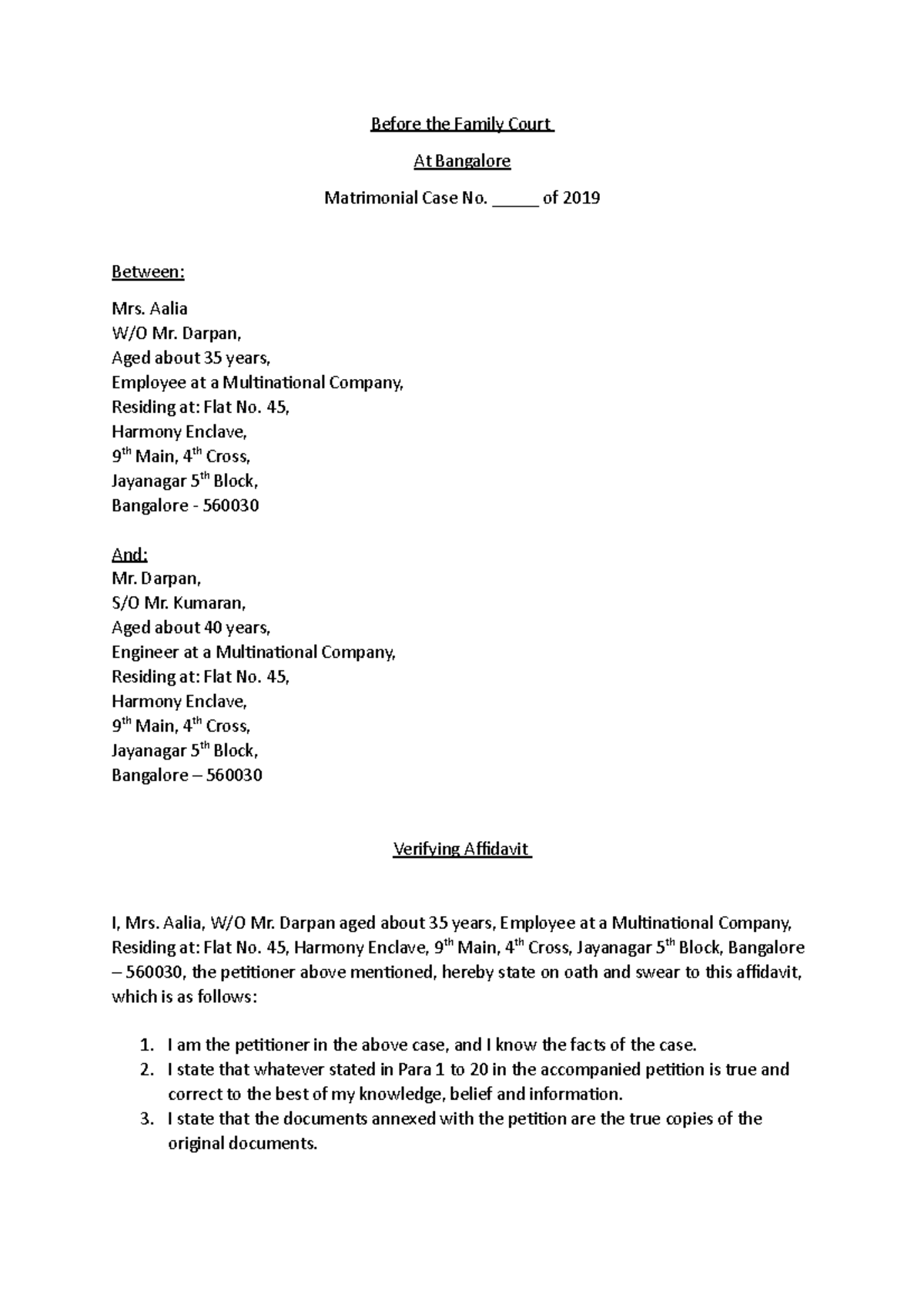 Verifying Affidavit - Before the Family Court At Bangalore Matrimonial ...