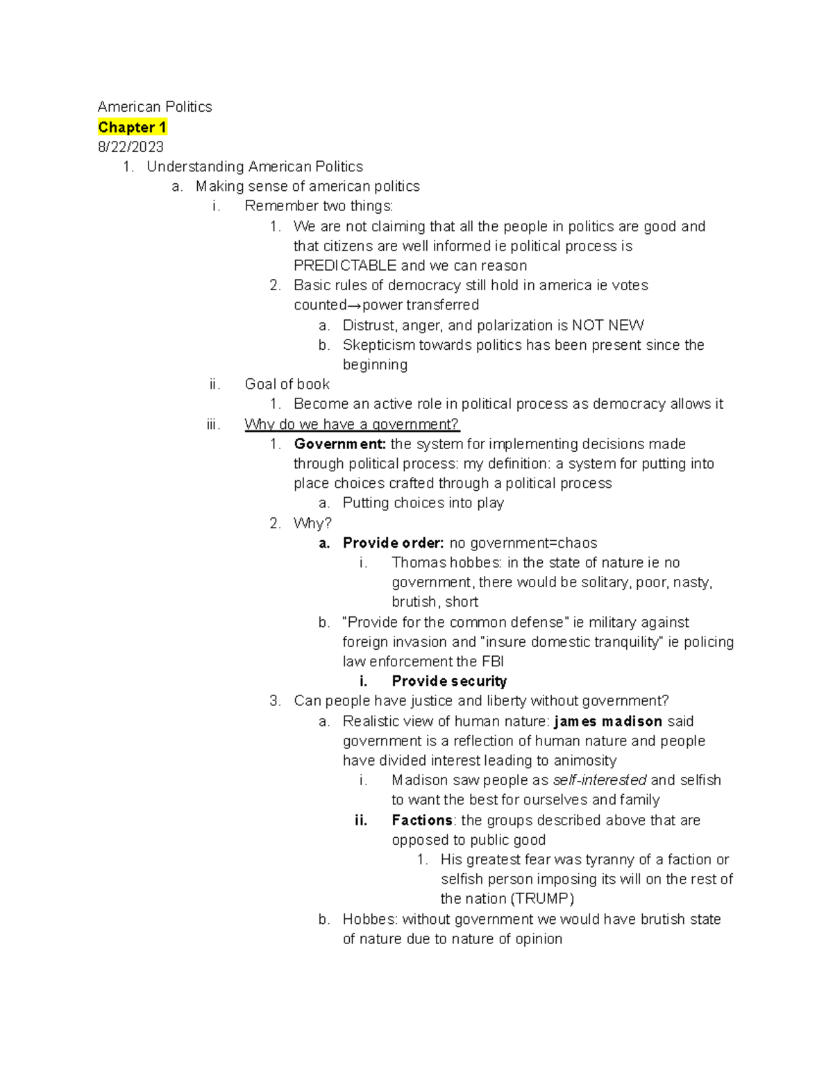 MY Notes American Federal Government Chapter Notes - American Politics ...