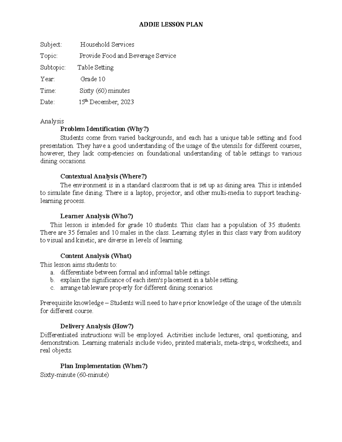 Addie-Model-LP - Subject: Household Services Topic: Provide Food and ...